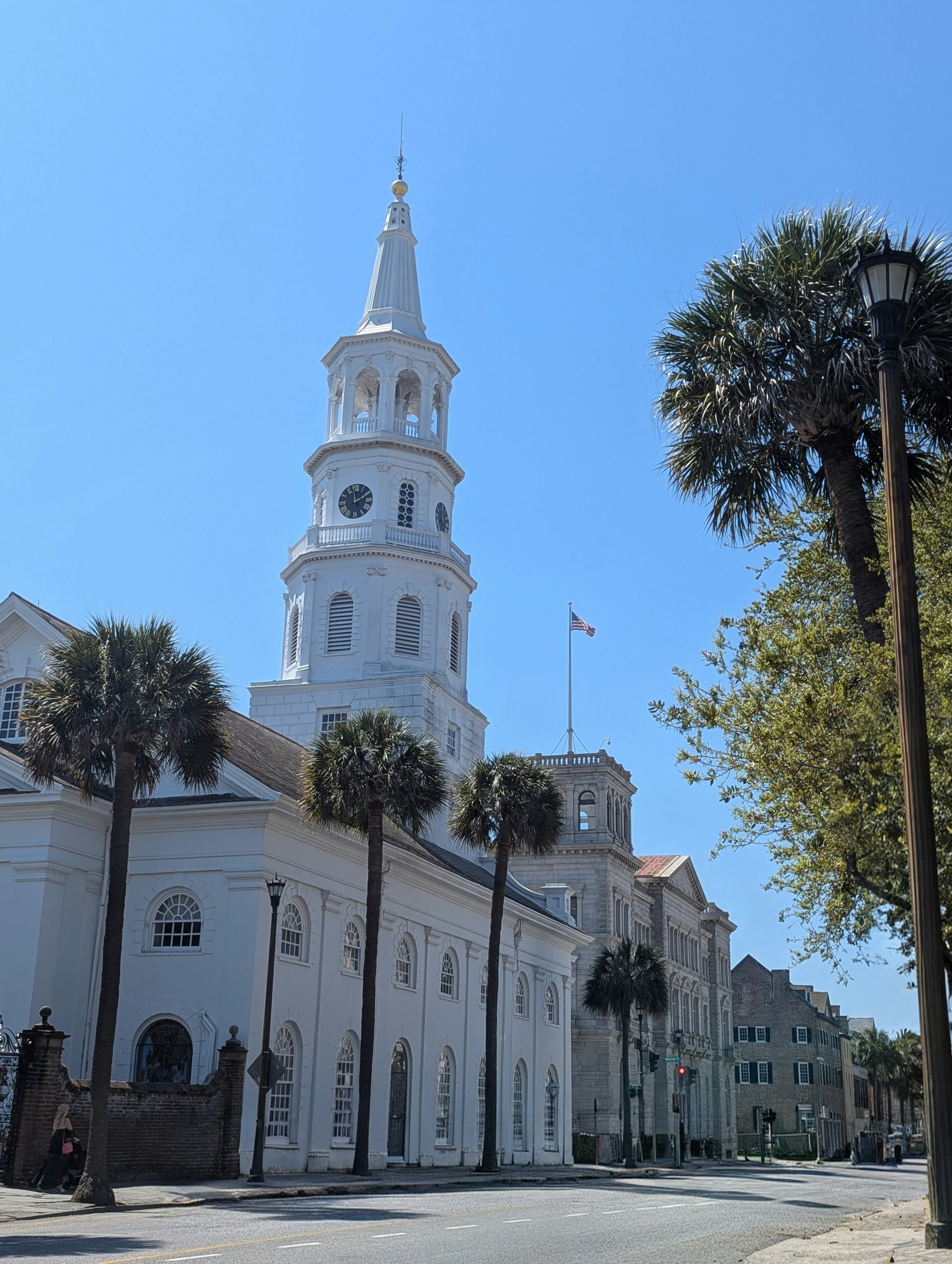 White Church Tower under a Bright Blue Sky