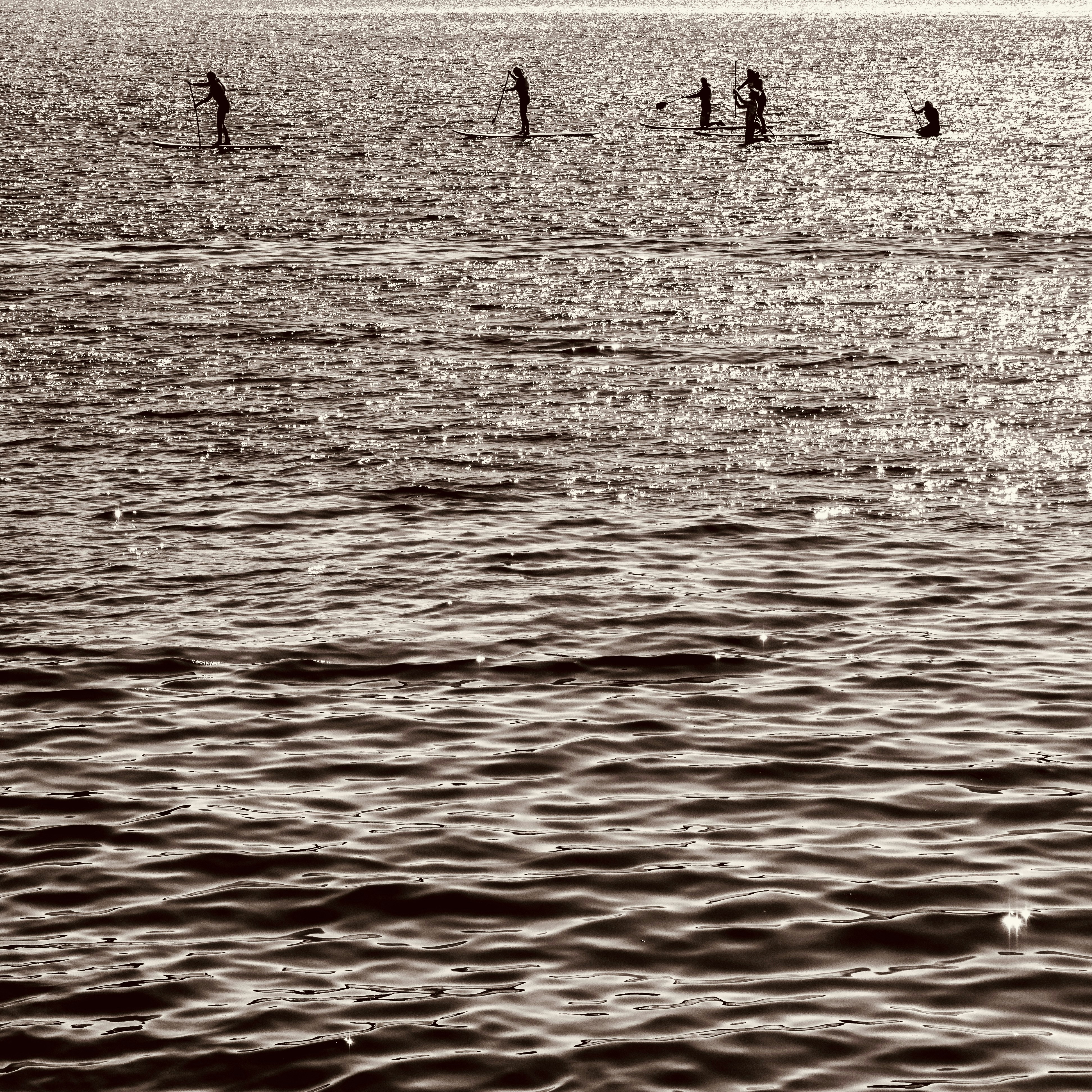 Shimmering sea with distant silhouettes of people at water's edge, bathed in warm light; a minimalist harbor of small figures against rippling water.