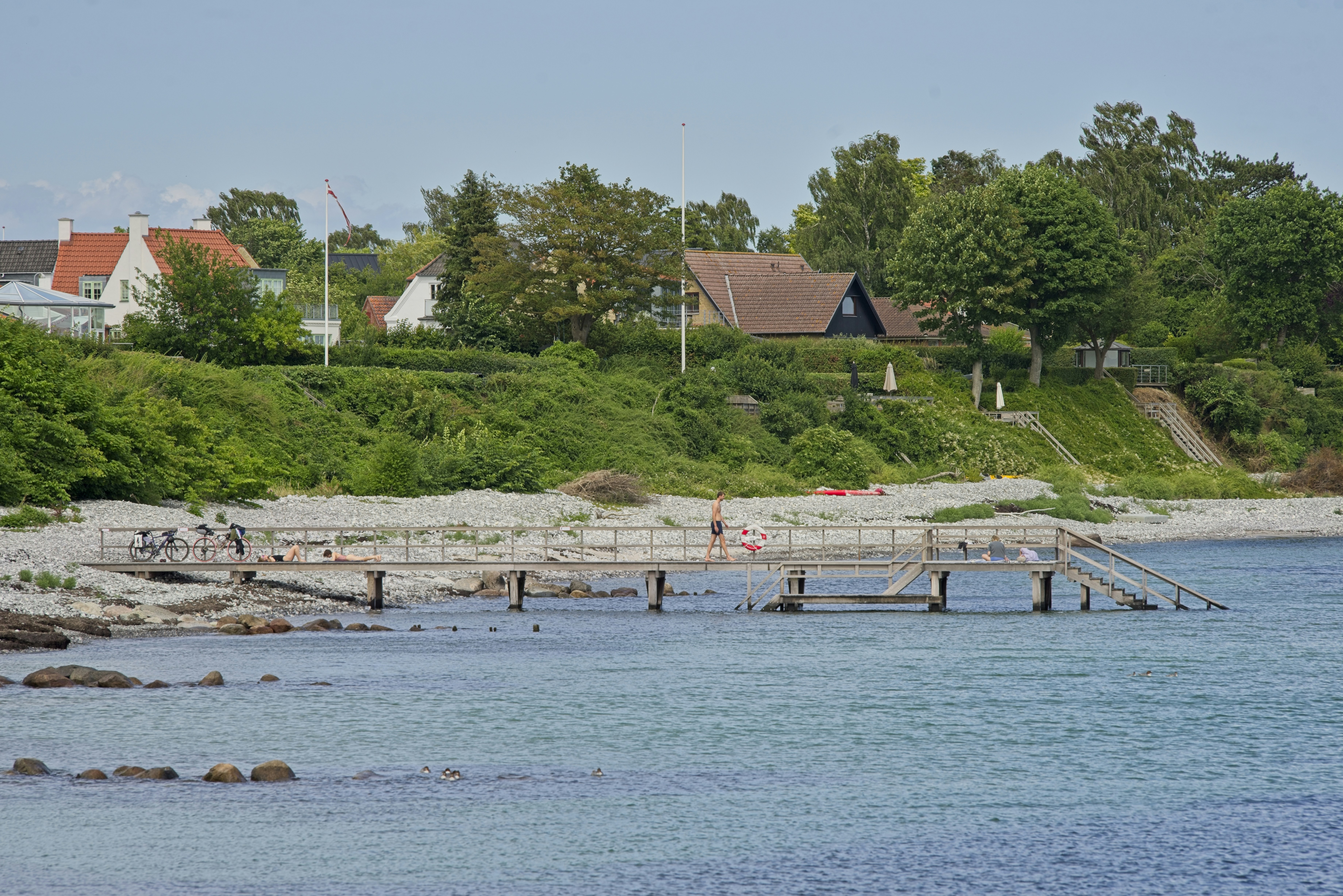 Lakeside Crescent: A Quiet Shoreline with a Distant Stair and Distant Homes
