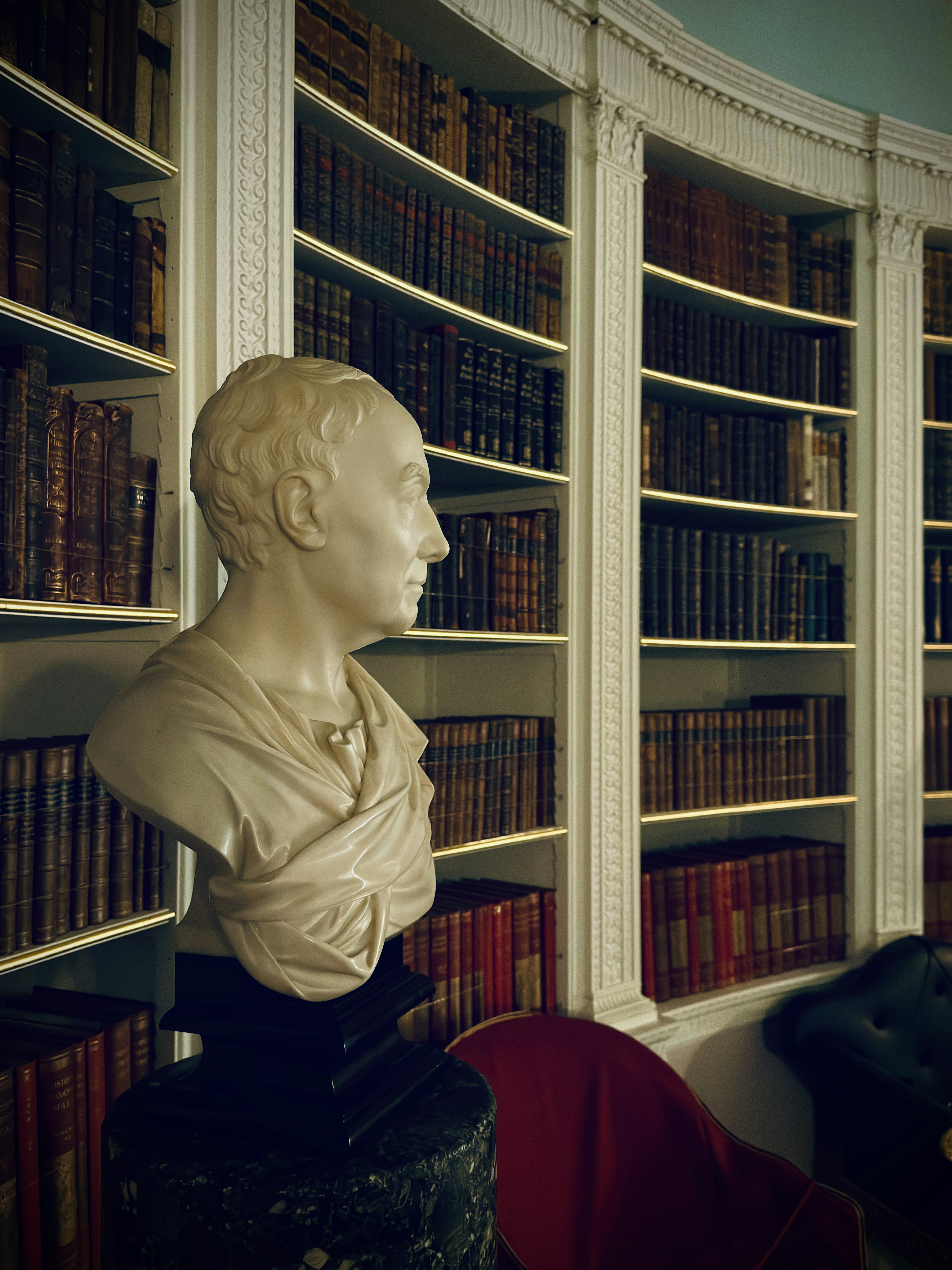 Marble bust on a pedestal stands in a classic library with tall, ornate shelves filled with leather-bound volumes. A subdued, warm ambiance surrounds the scene.