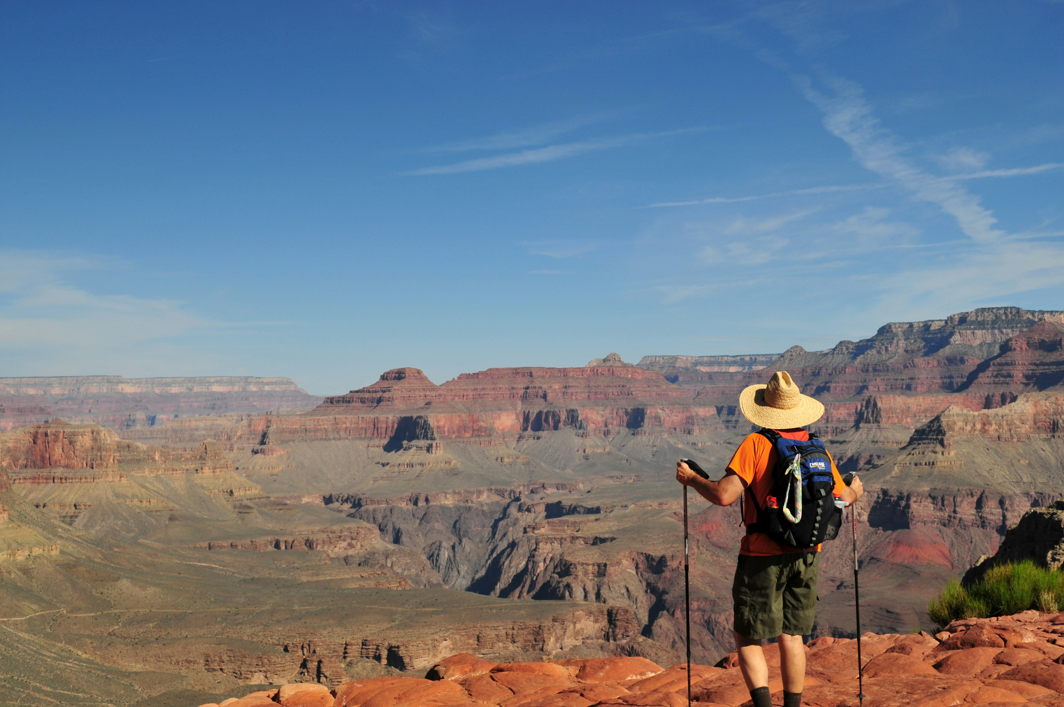 Hiker at the Canyon Edge: A Horizon of Reds and Blues