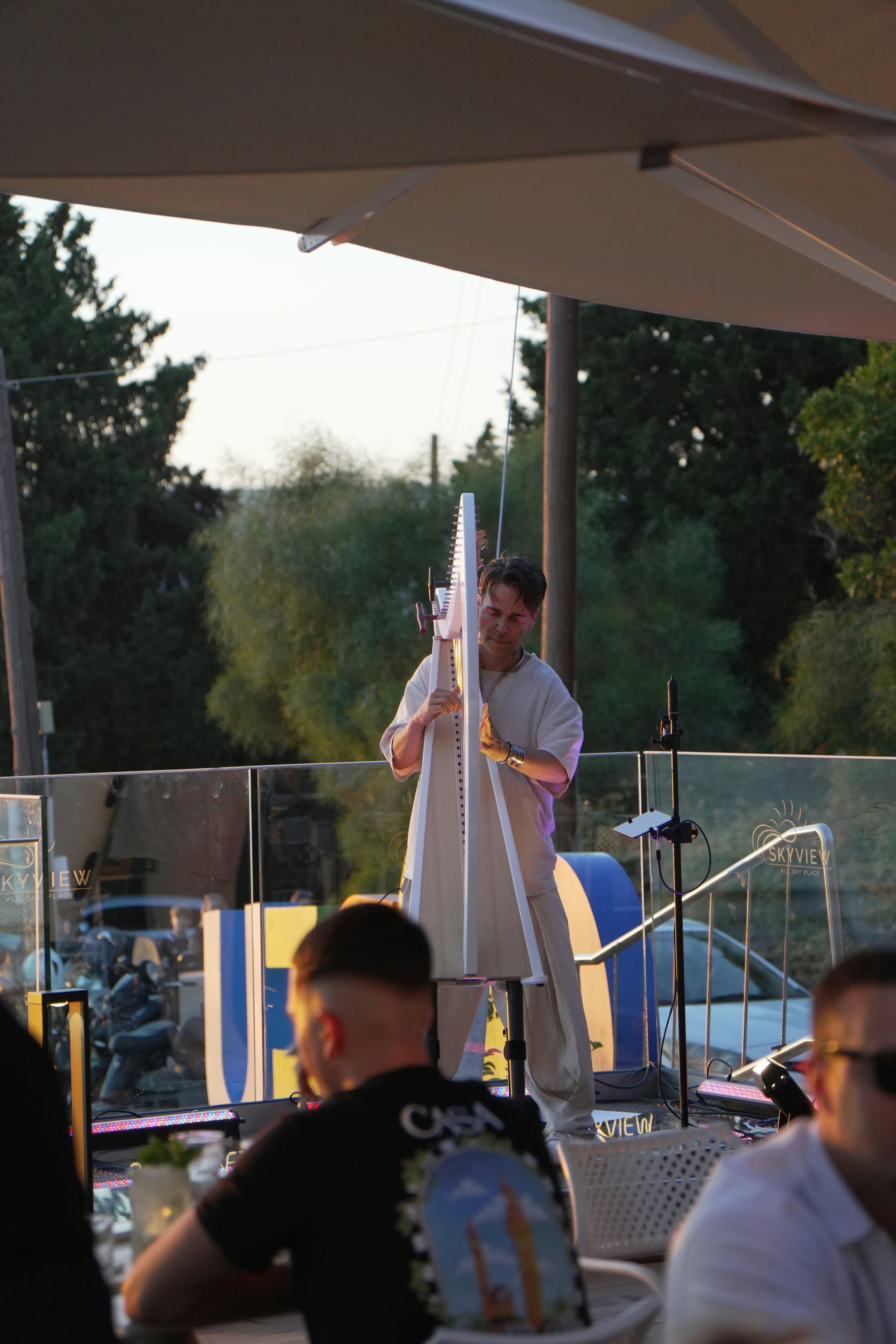 Liquid Harmonics: The Harpist Under the Glass Balcony