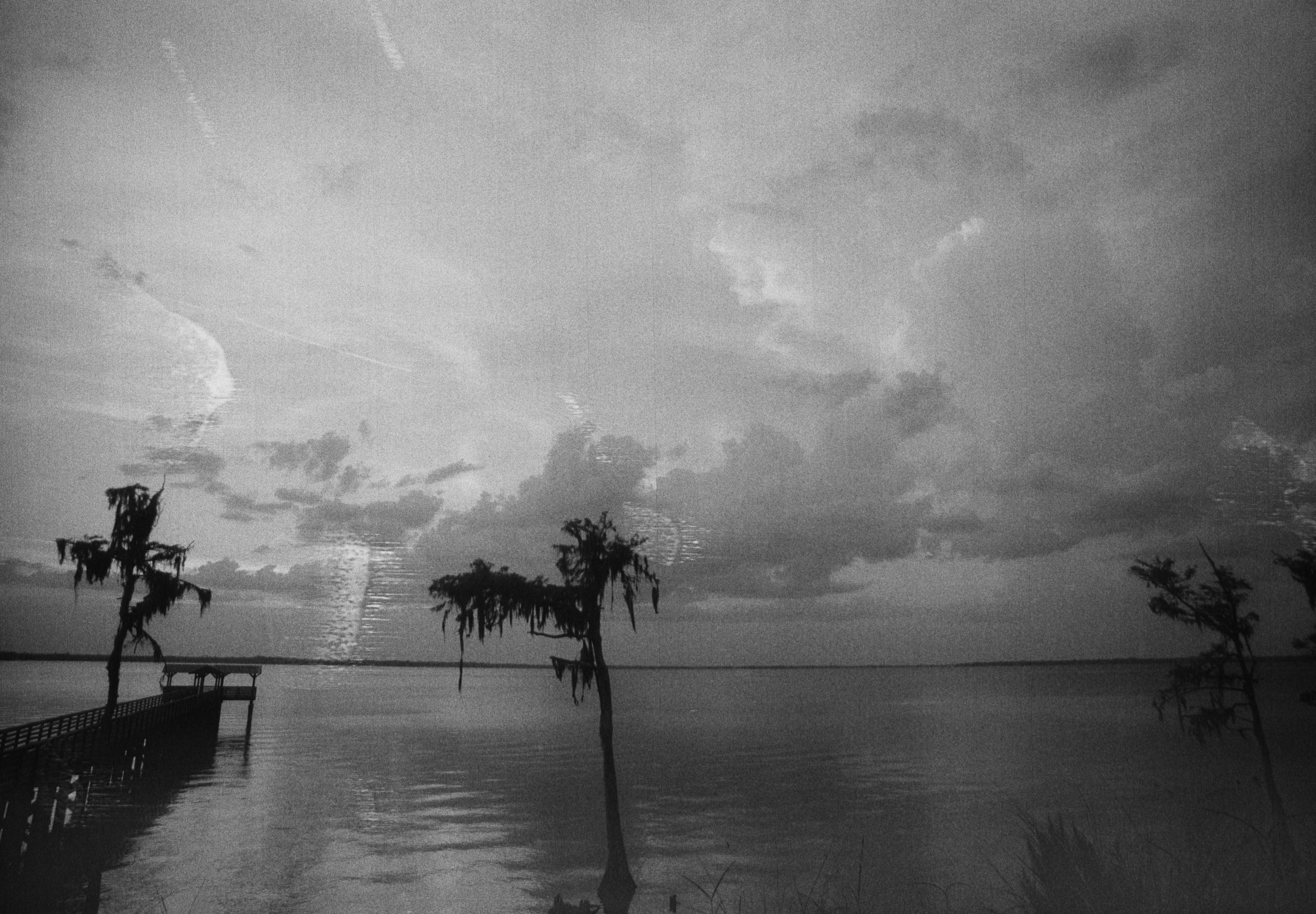 Desolate pier and palm silhouettes across a glassy lagoon at dusk