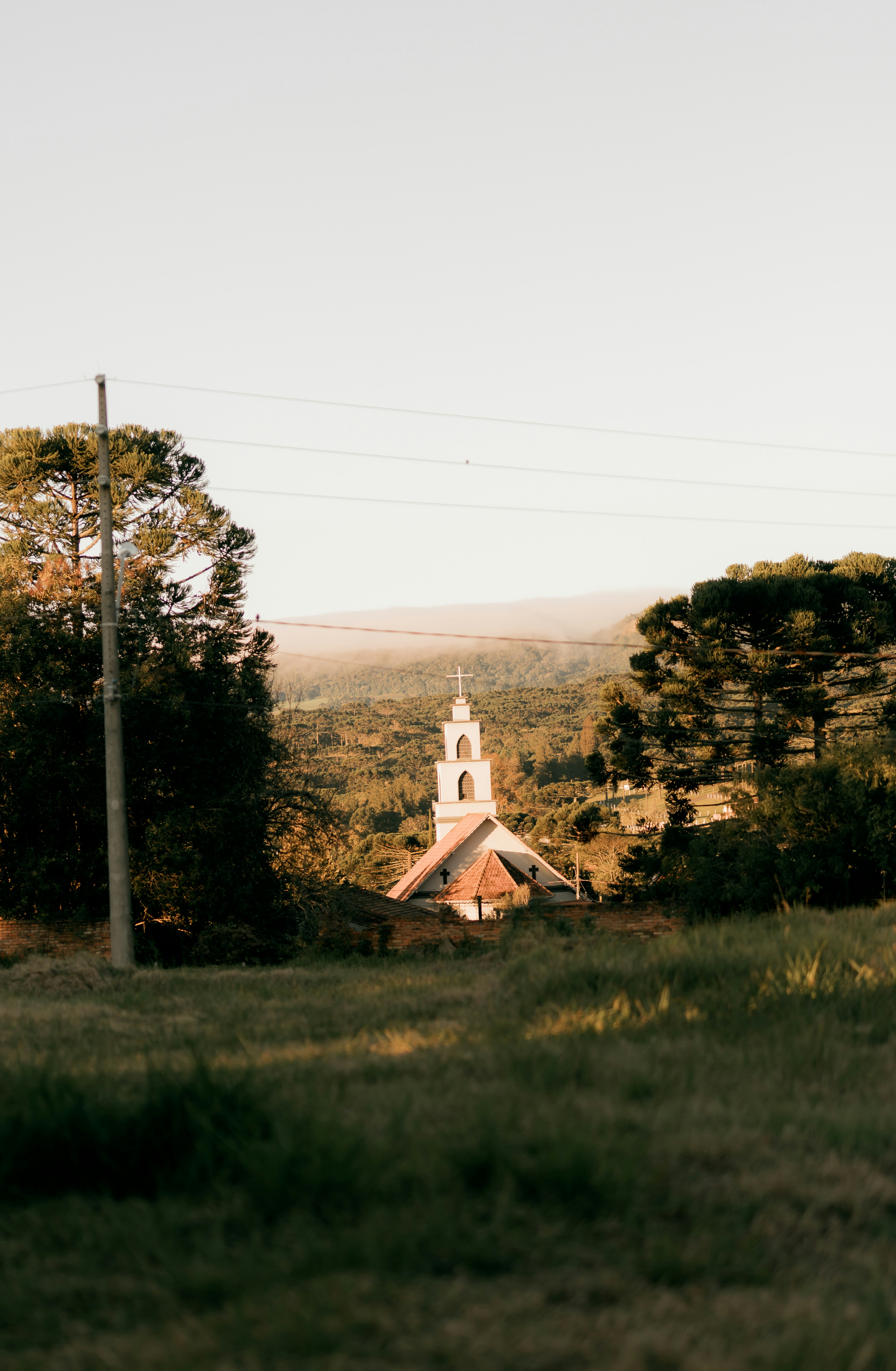 Grassland Chapel Rising Through the Pines at Dusk