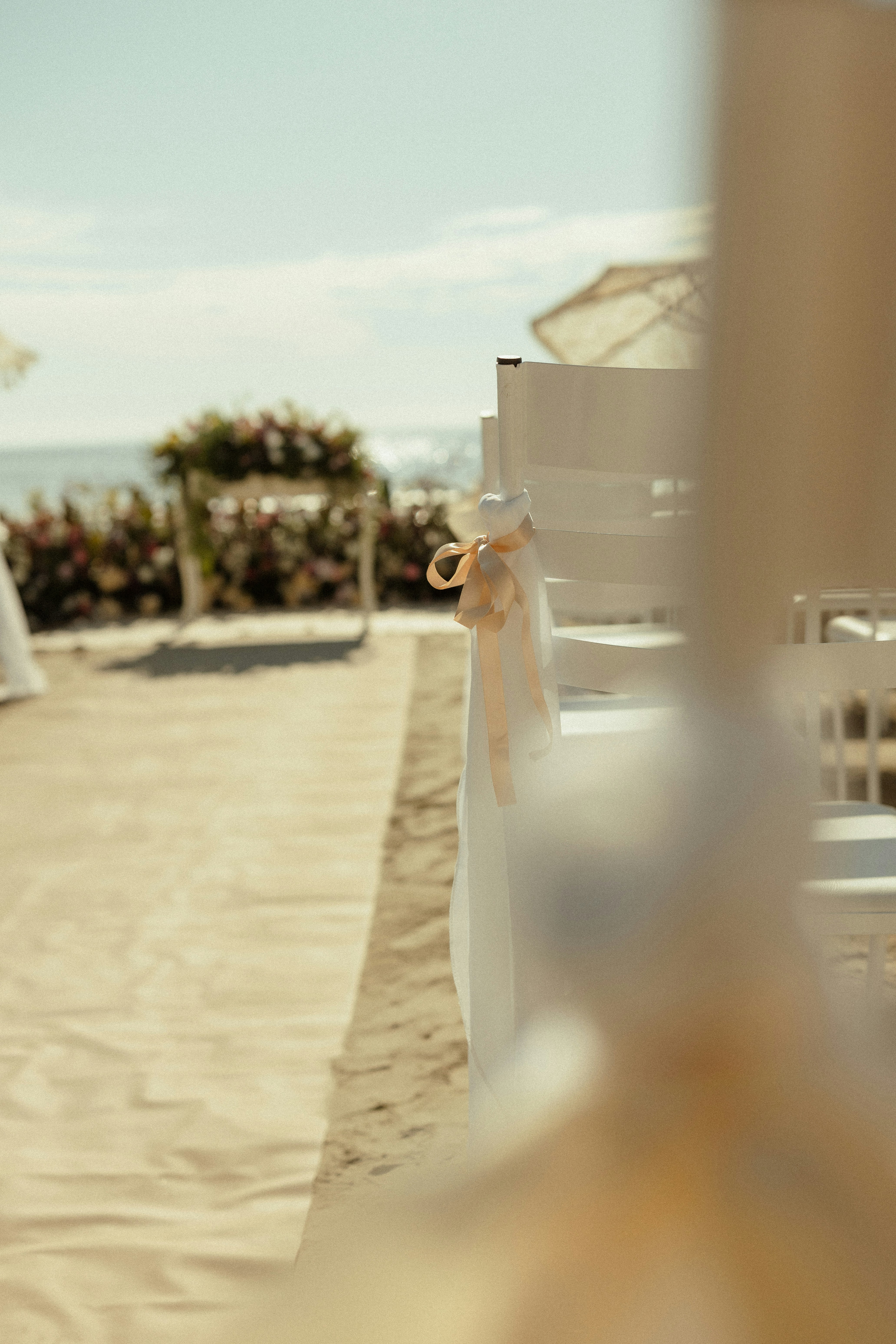 Soft light on a seaside ceremony: chairs with pale ribbons
