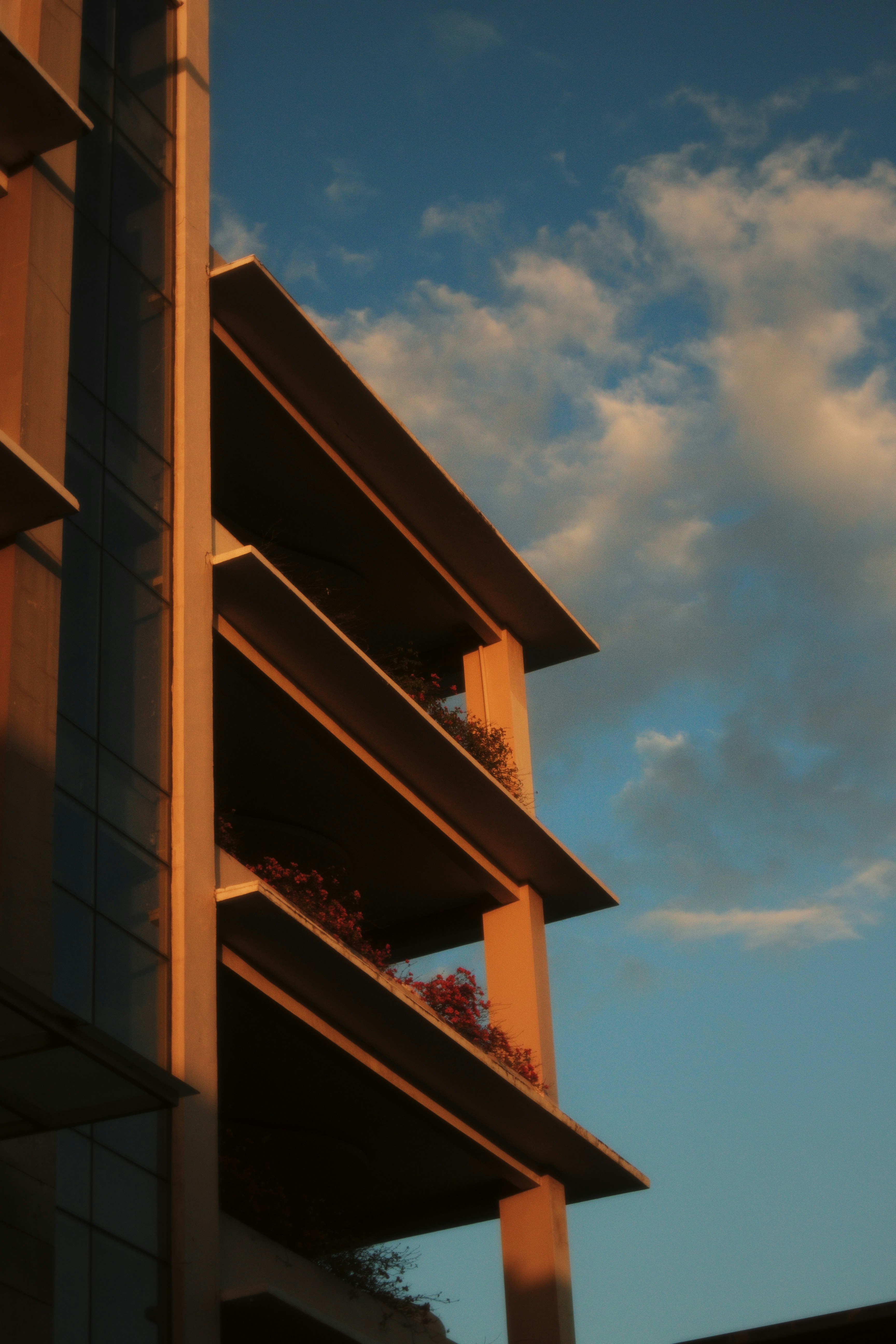 Sunlit Balconies Ascend the Orange Facade into the Sky