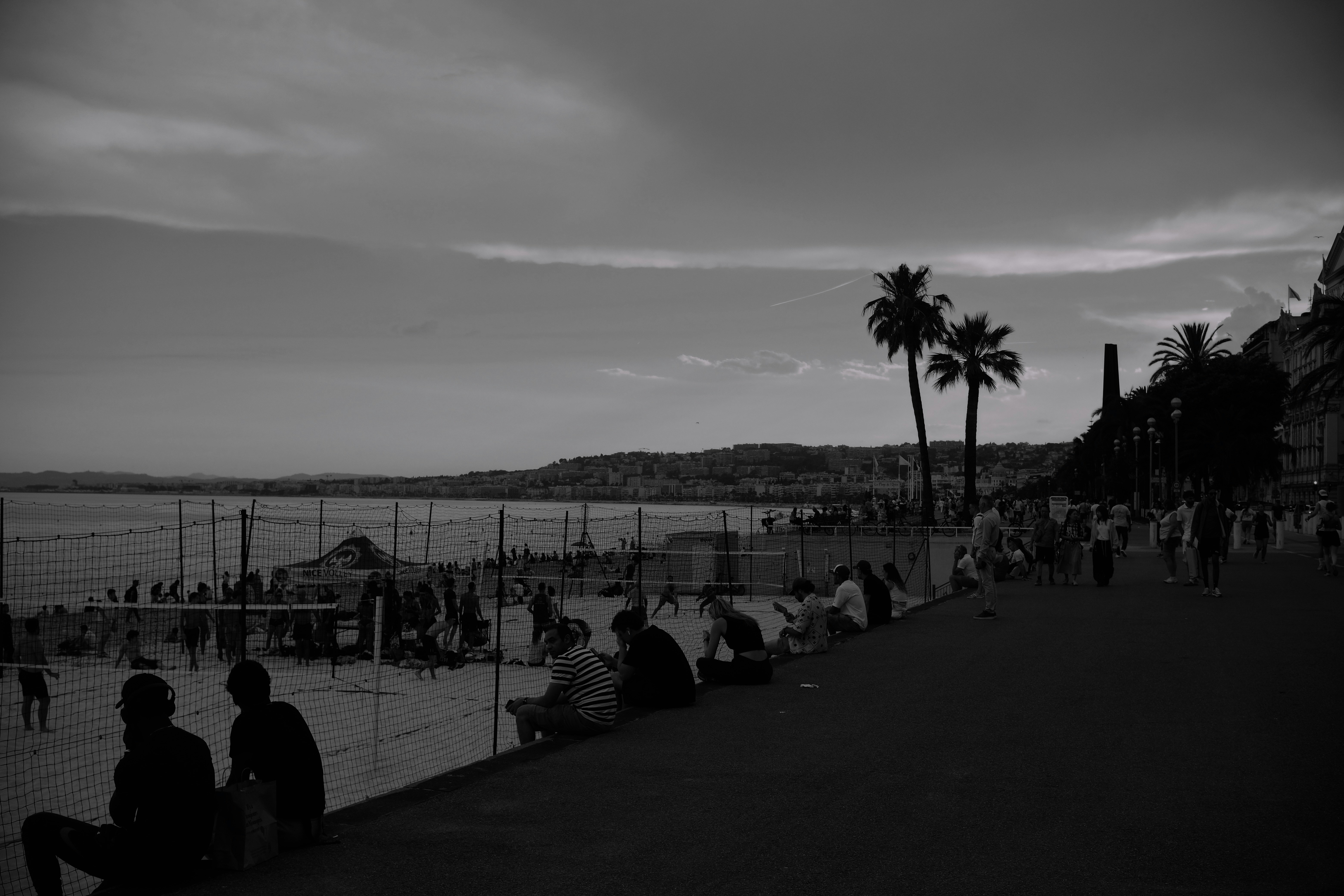 Evening by the Promenade: Shadowed Figures and a Lined Horizon