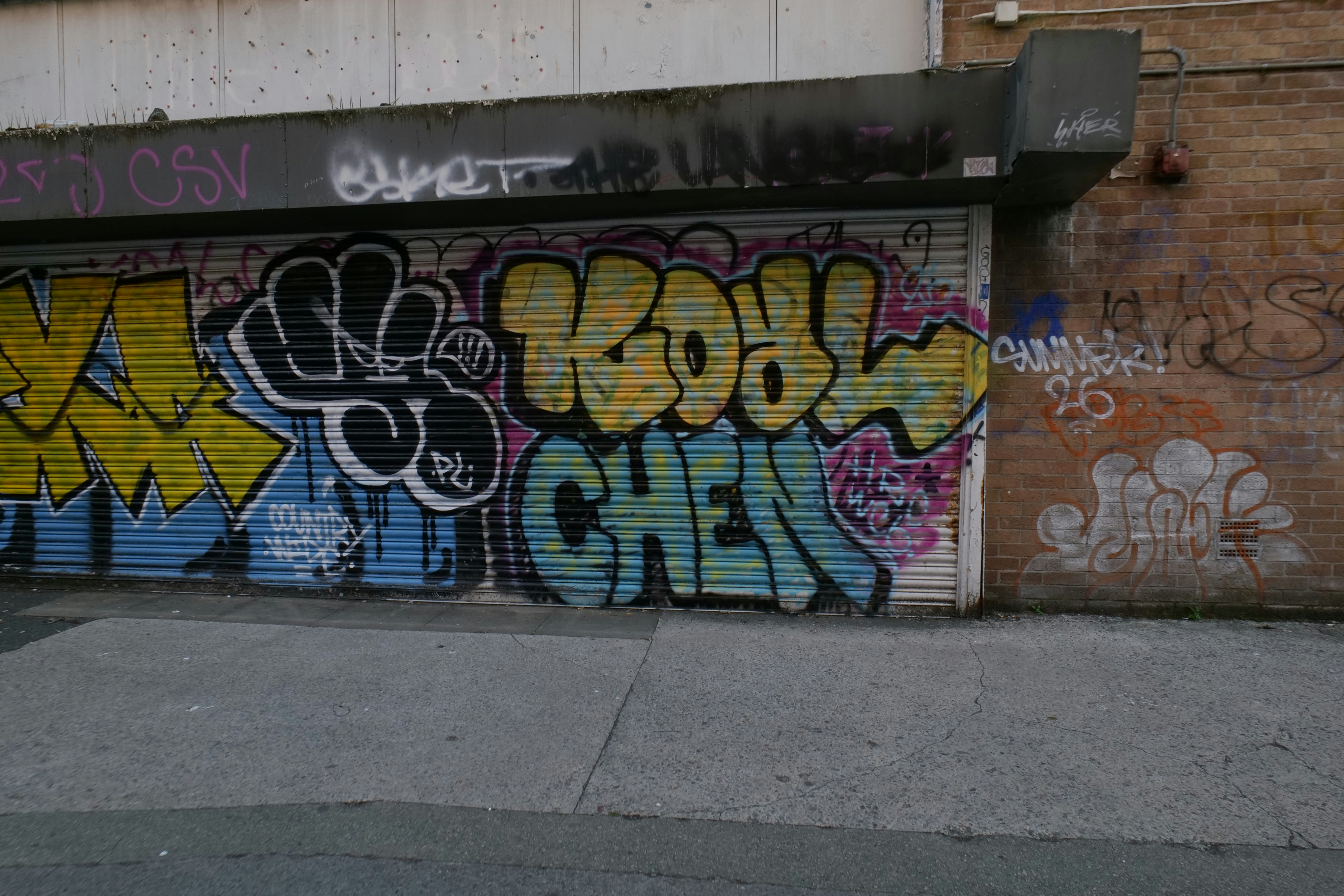 Graffiti Script: Bold Letters Spill Across a Metal Garage Door
