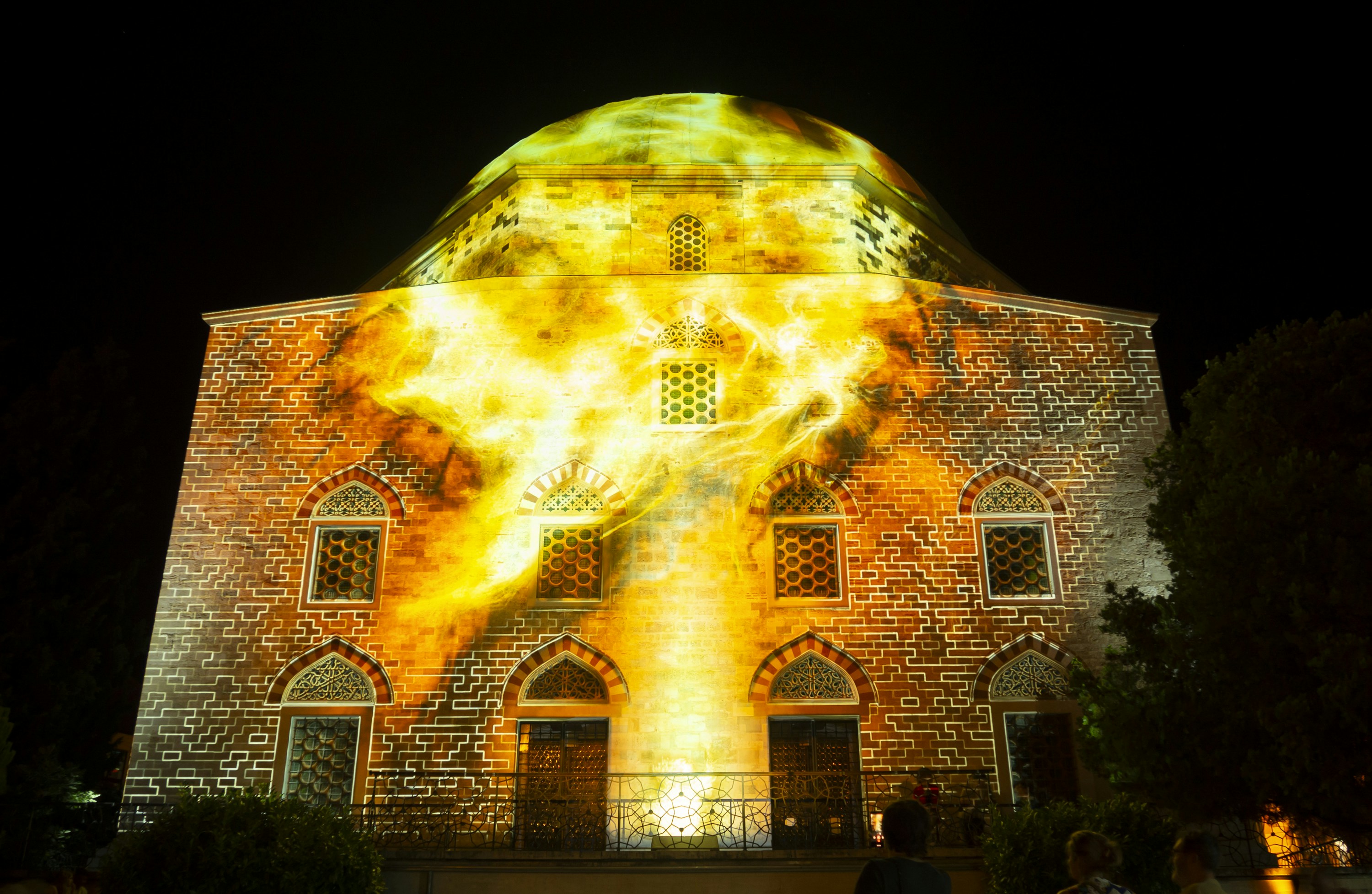 Inferno Crowned Dome: Firestorm Engulfs a Brick Cathedral at Night