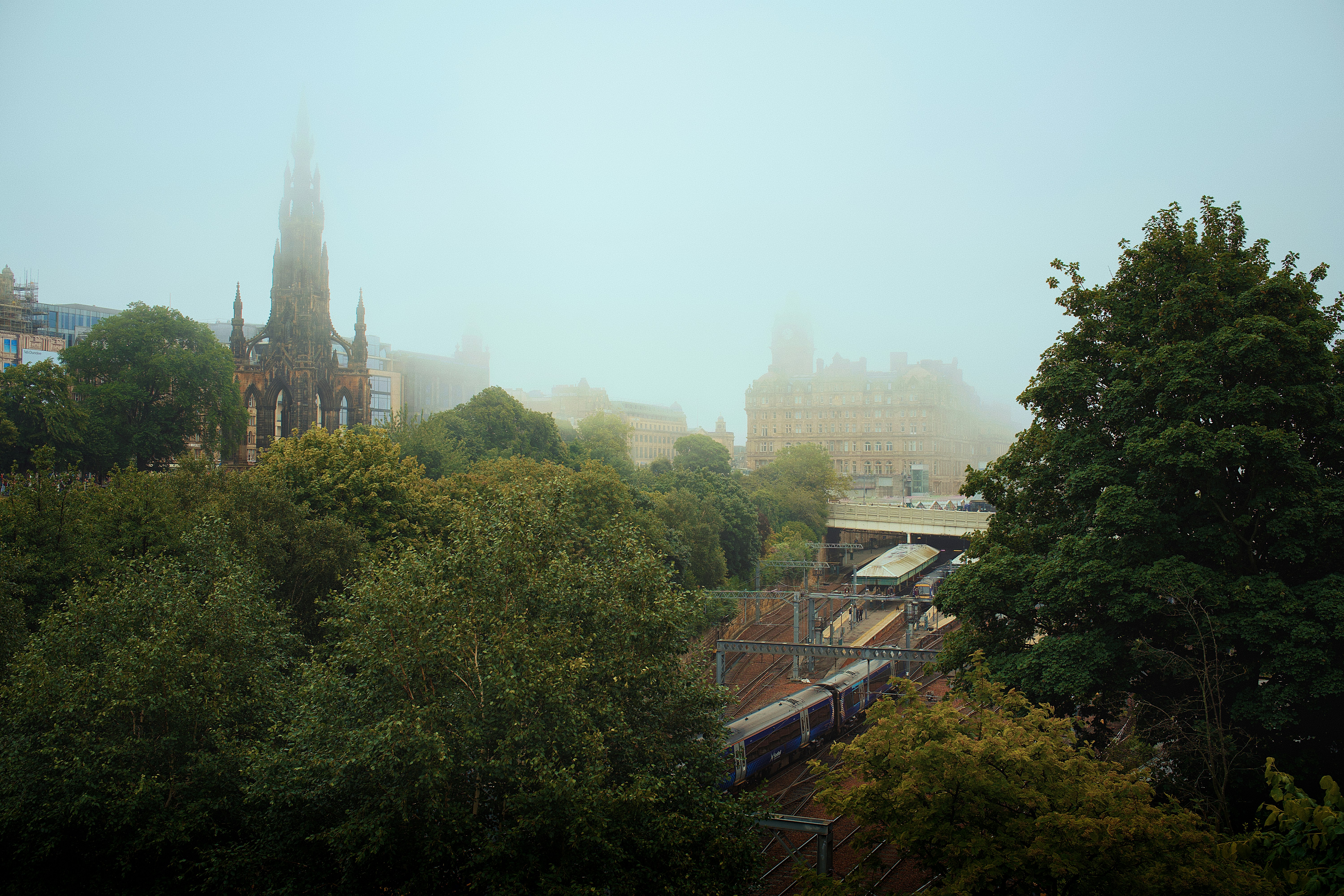 Misty City Edges: A Fog-Soft Panorama Over Verdant Rooftops