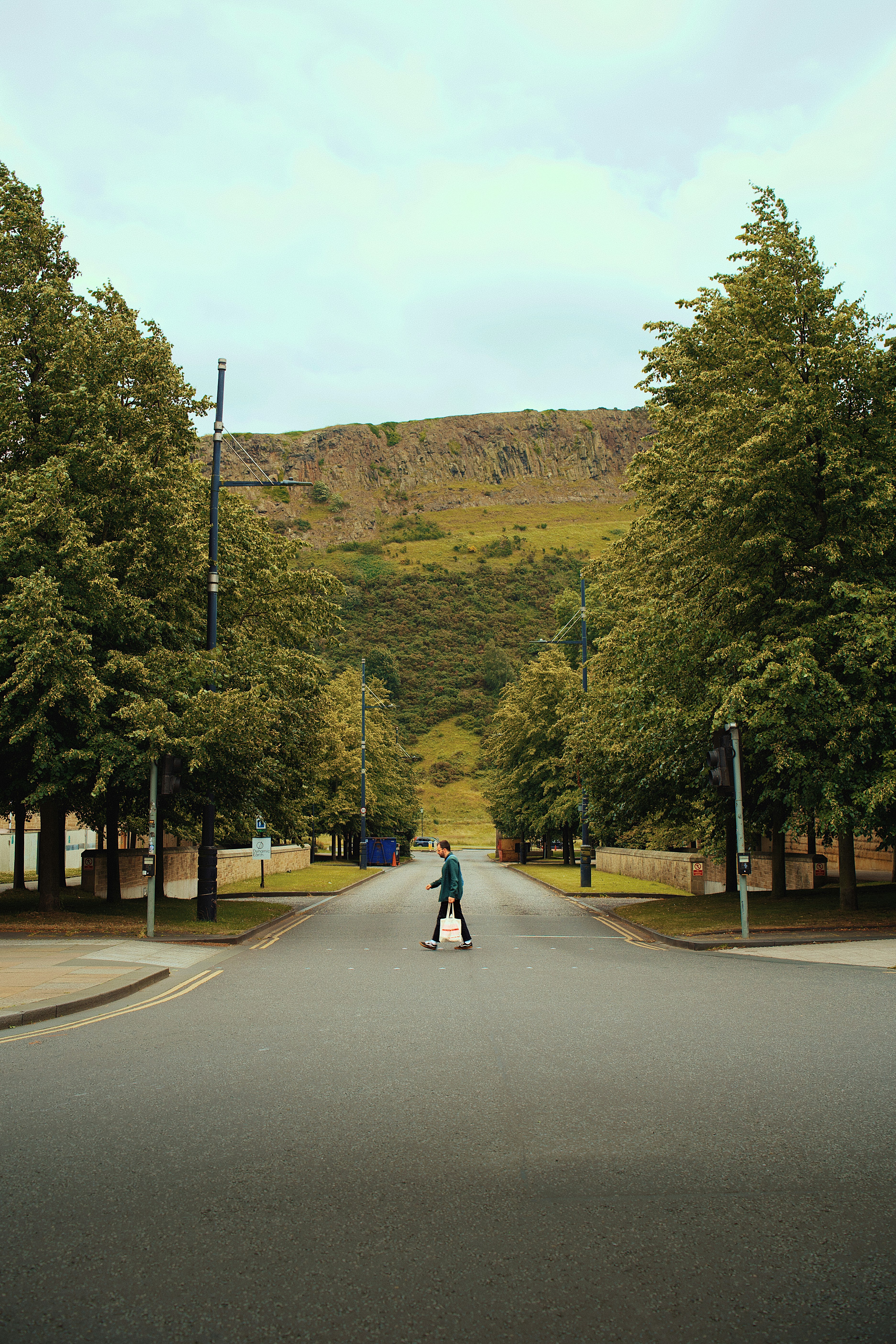 Lonely Scooter on a Quiet Avenue Toward the Hill