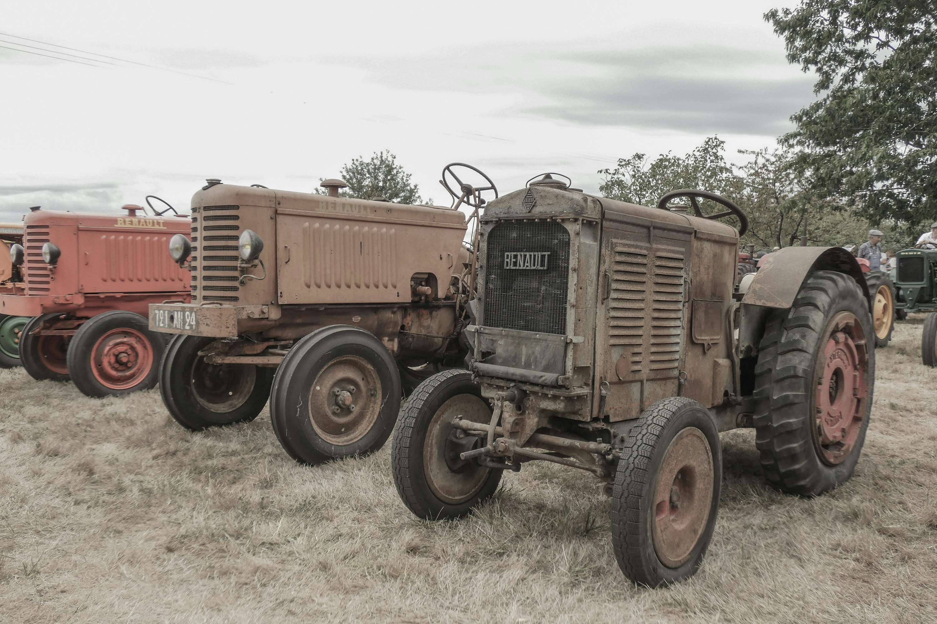Dusty Colonnade: a row of vintage tractors Resting in a sunlit field