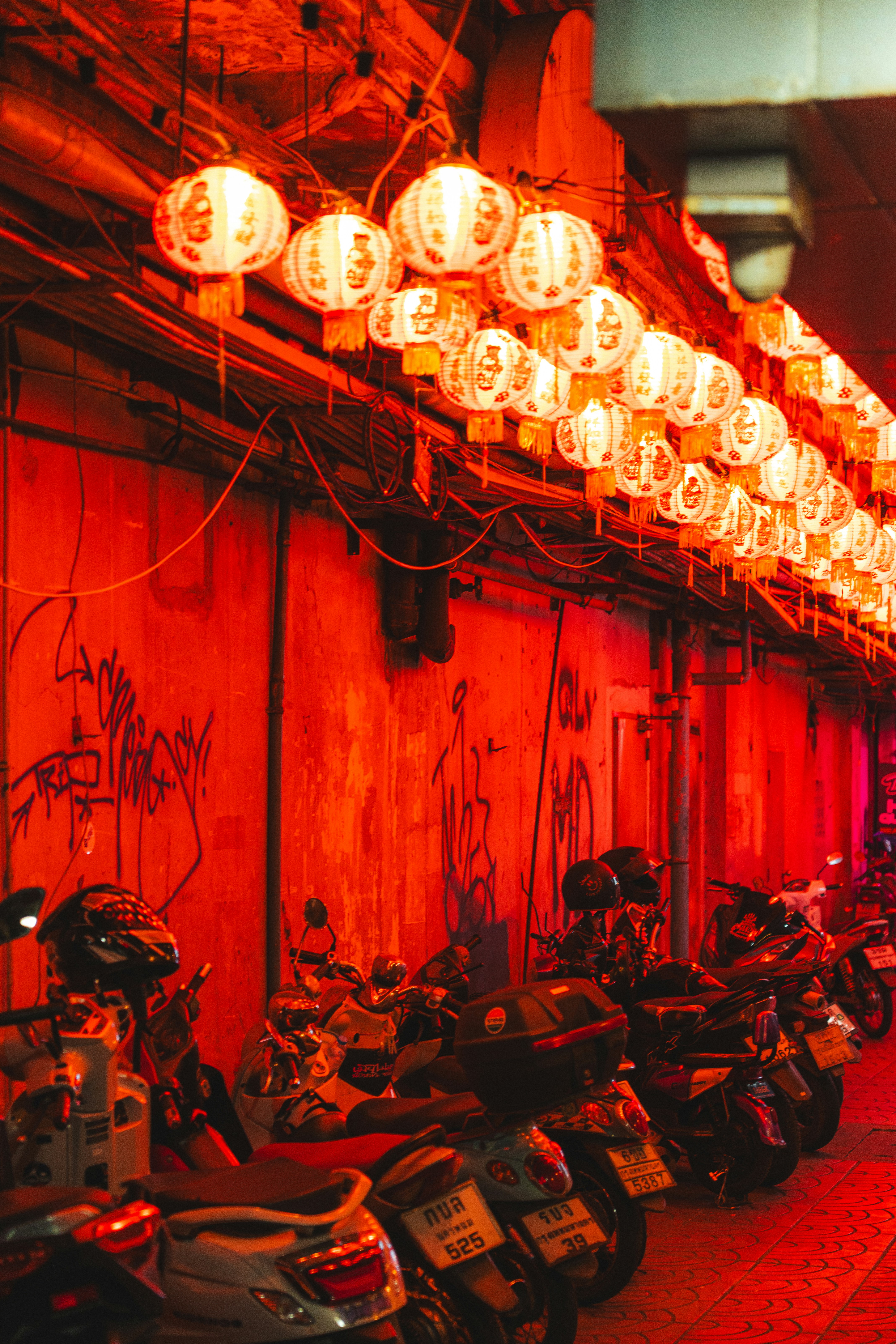 Urban Lantern Corridor in Neon Red