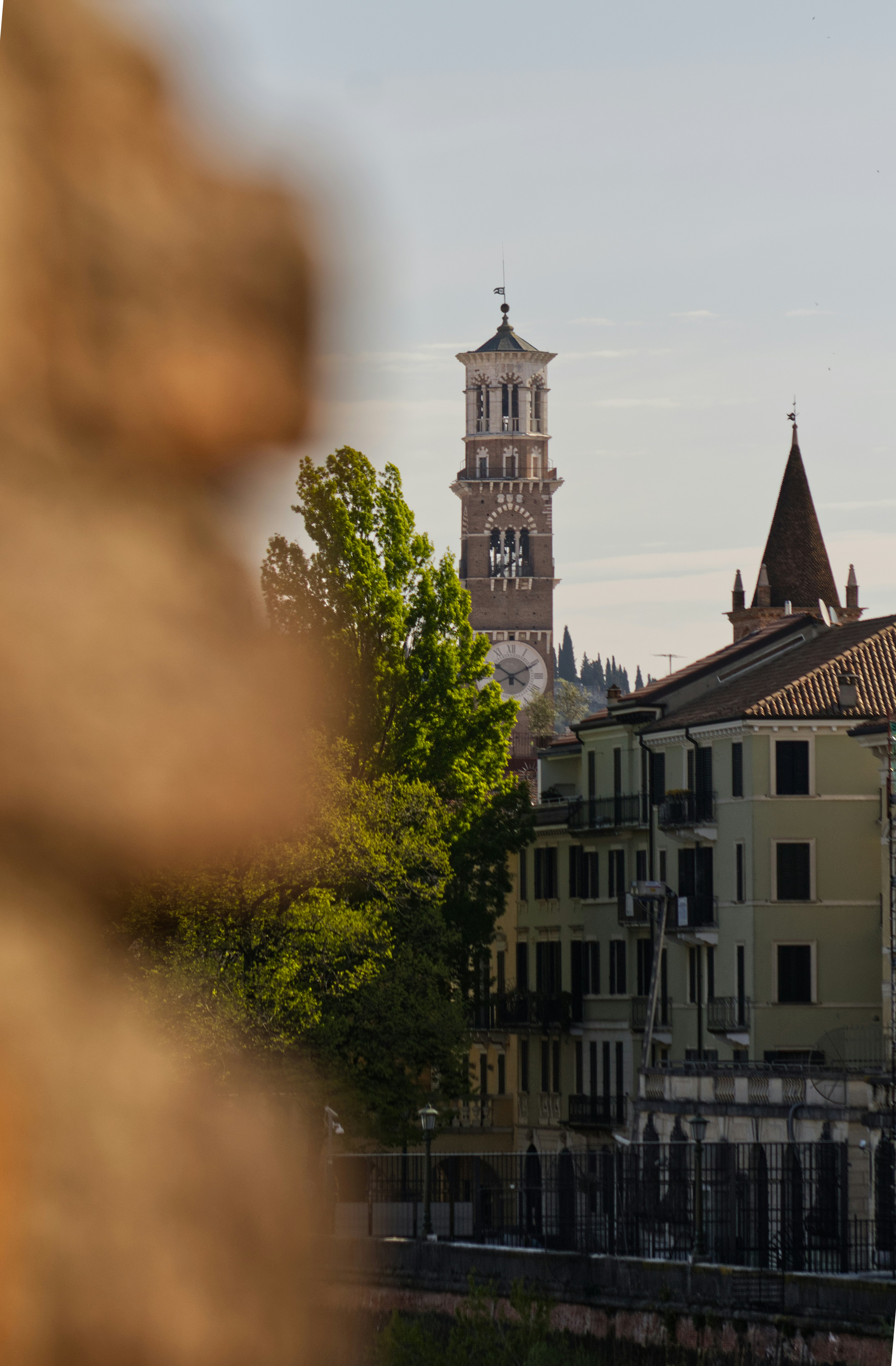 Tower Clock Framed by Venetian-Style Riverside
