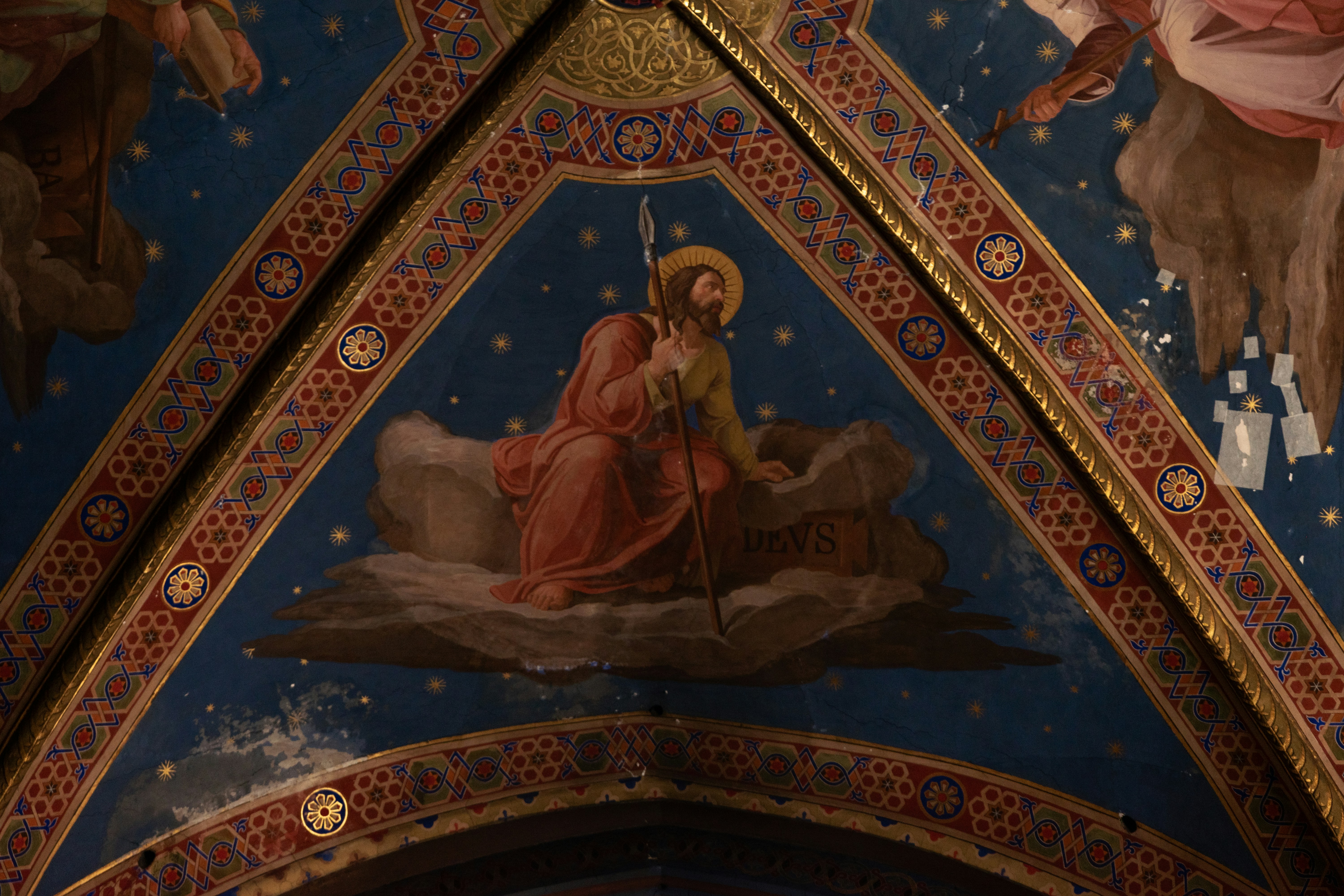 Divine Ascension: A fresco of an angelic figure aloft between ornate church arches