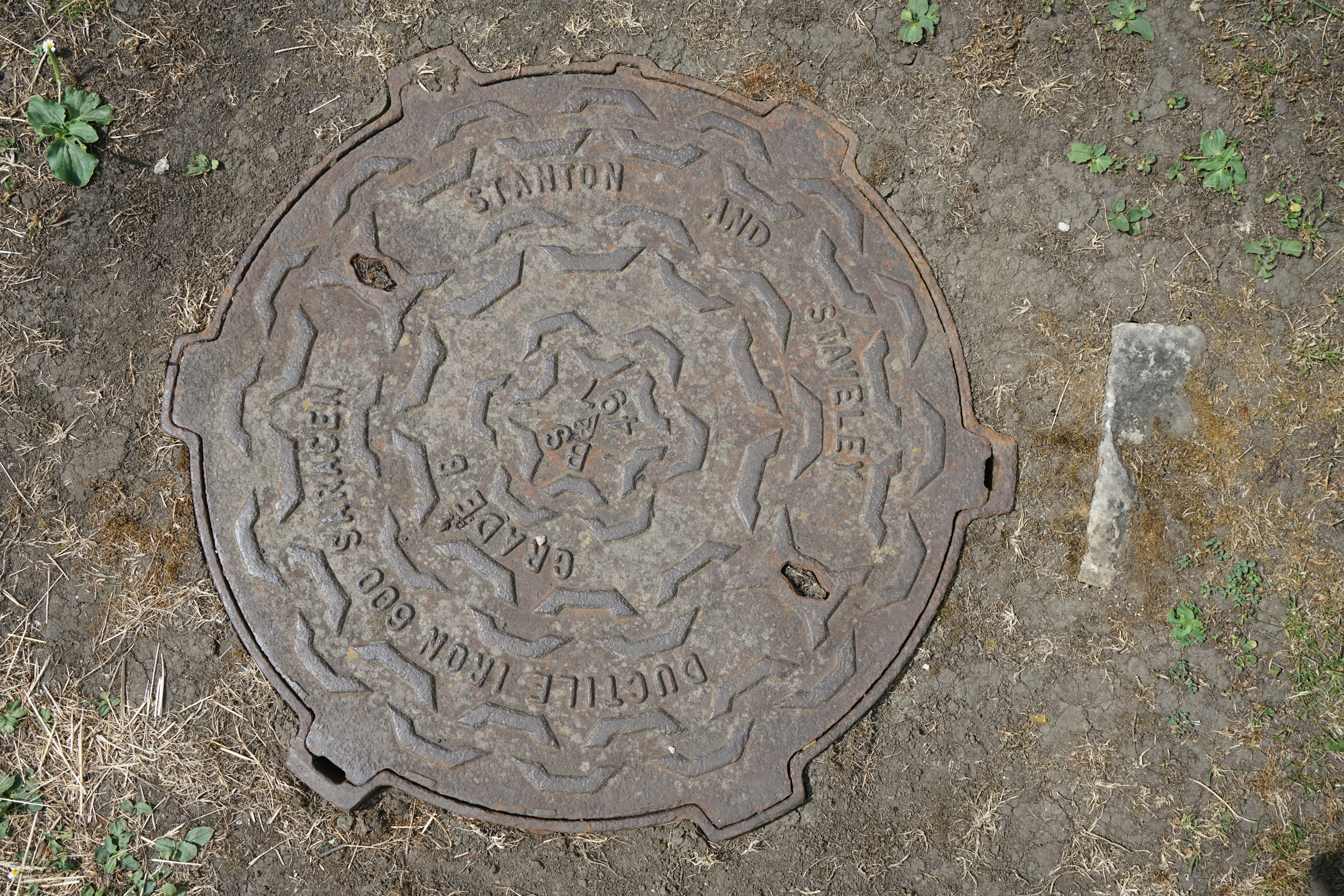 Circular manhole cover embedded in dirt with small green plants around; emphasis on texture and lid inscriptions. This is a metallic utility cover.
