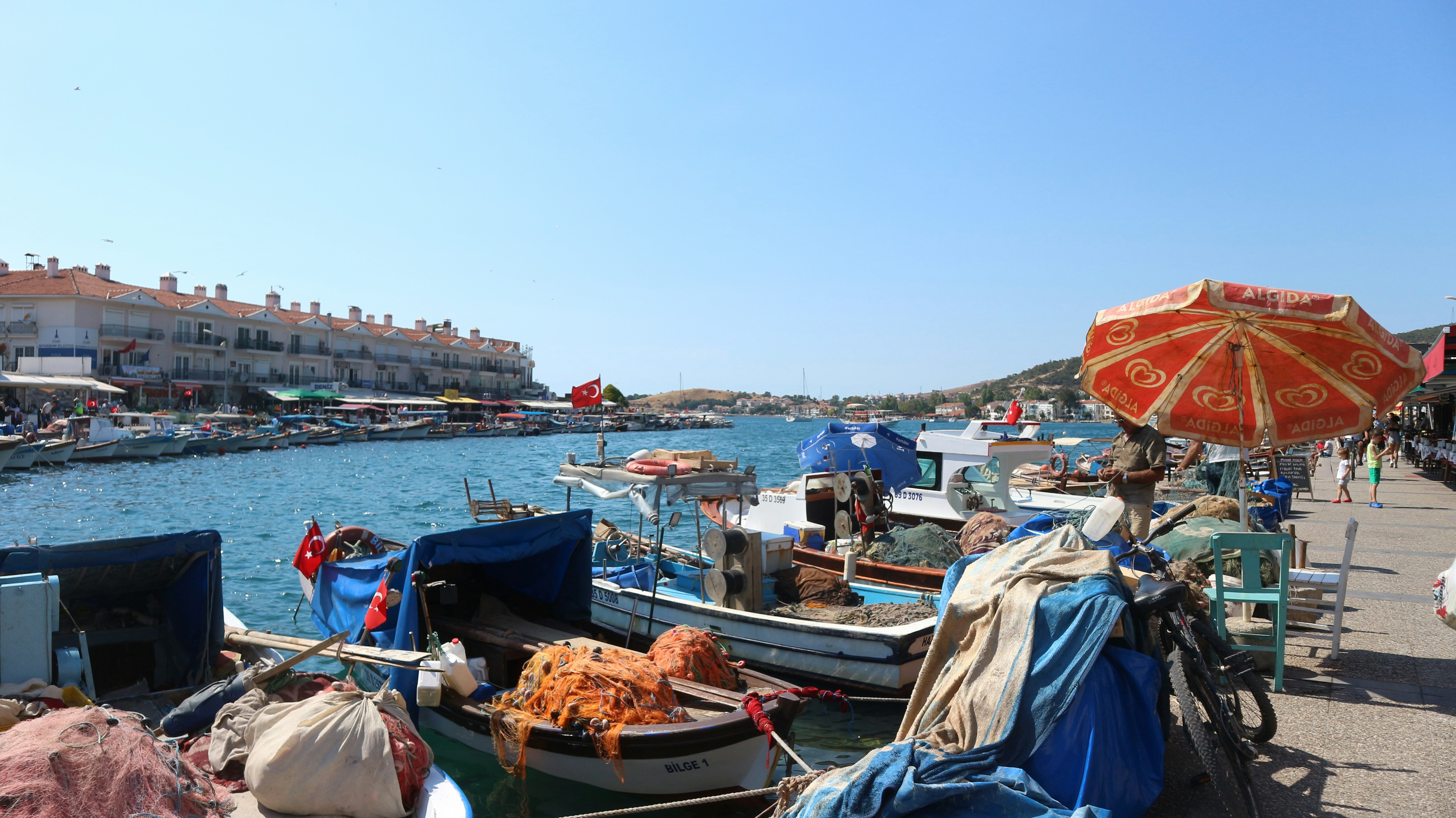 Harbor Street of Light: Boats, Umbrellas, and Blue Hour Promenade