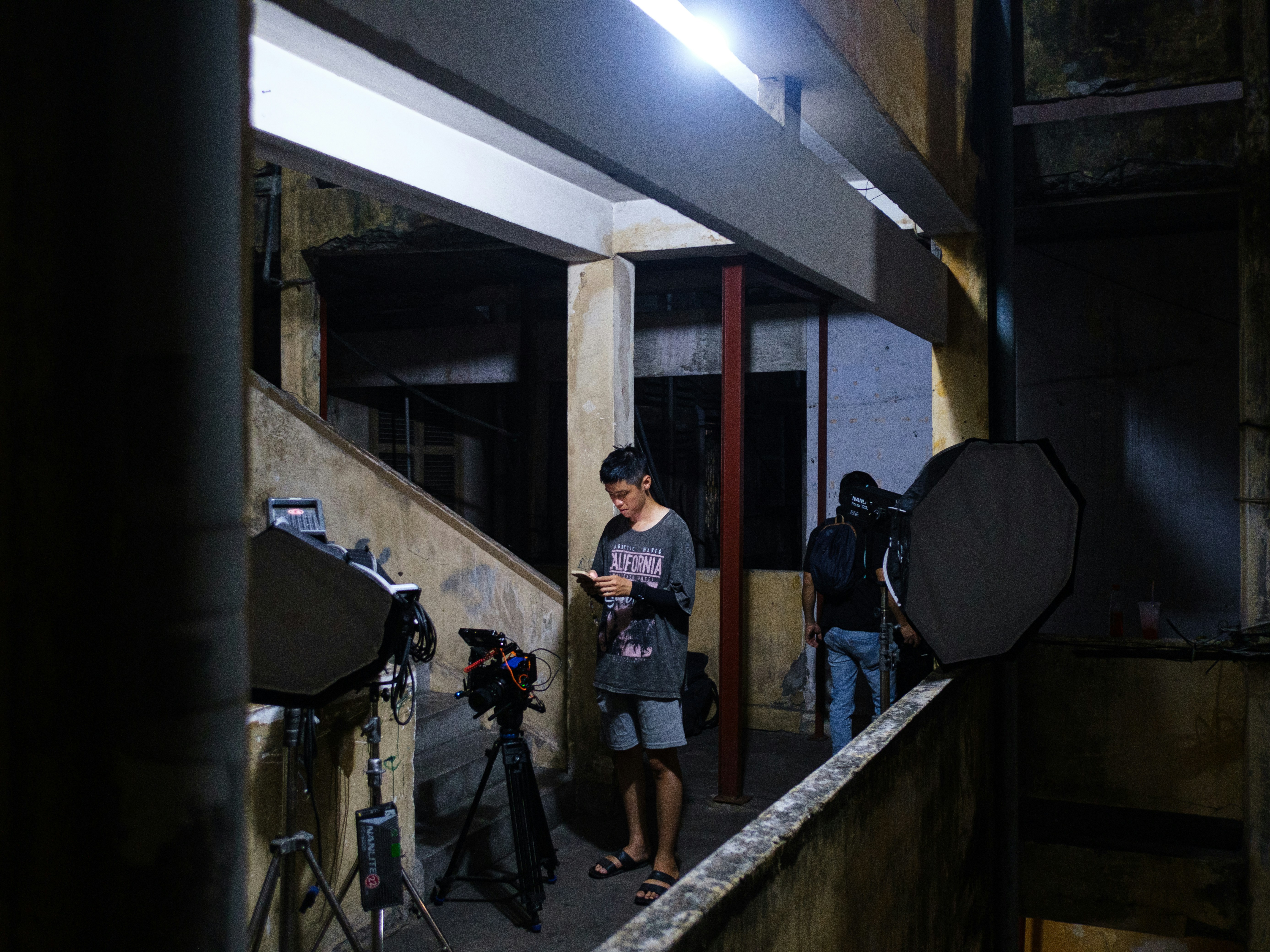 Dimly lit studio with a central photographer checking a device, surrounded by tripods and softboxes in an industrial space; a single figure stands amidst gear and a staircase backdrop.
