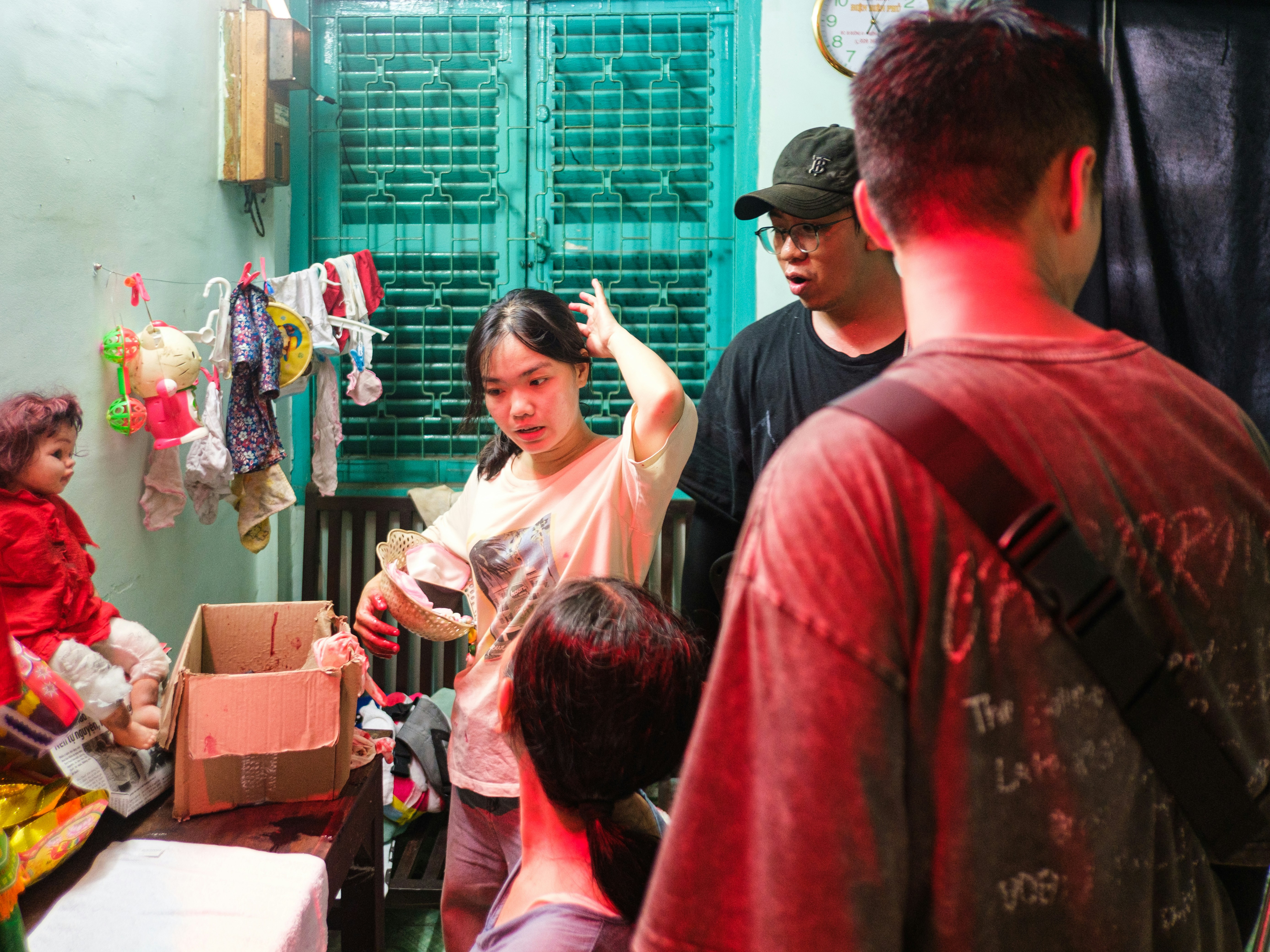Hands-on Huddle in a Busy Laundry Corner