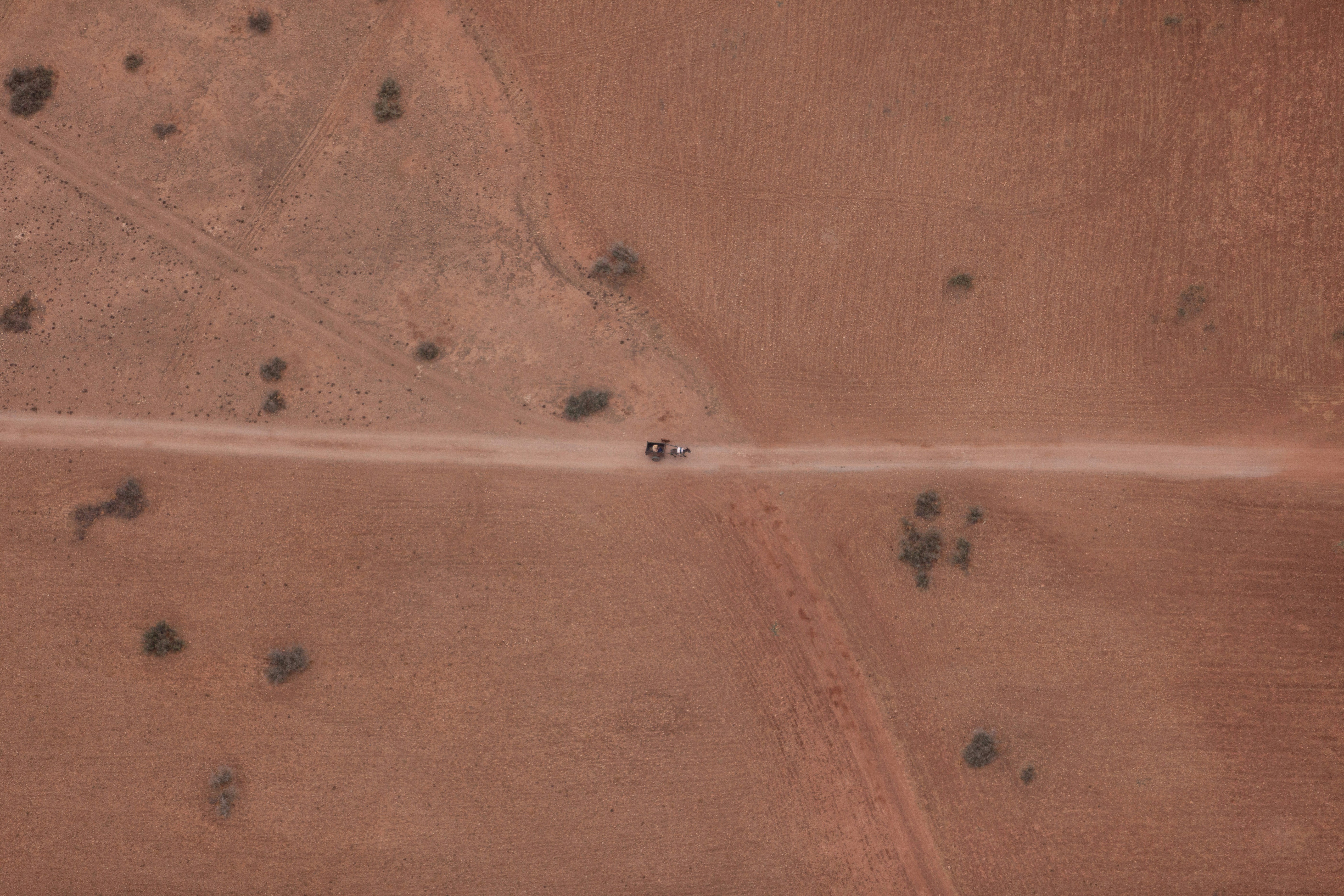 Dusty dirt road bisects a quiet field as a lone vehicle pauses on the path