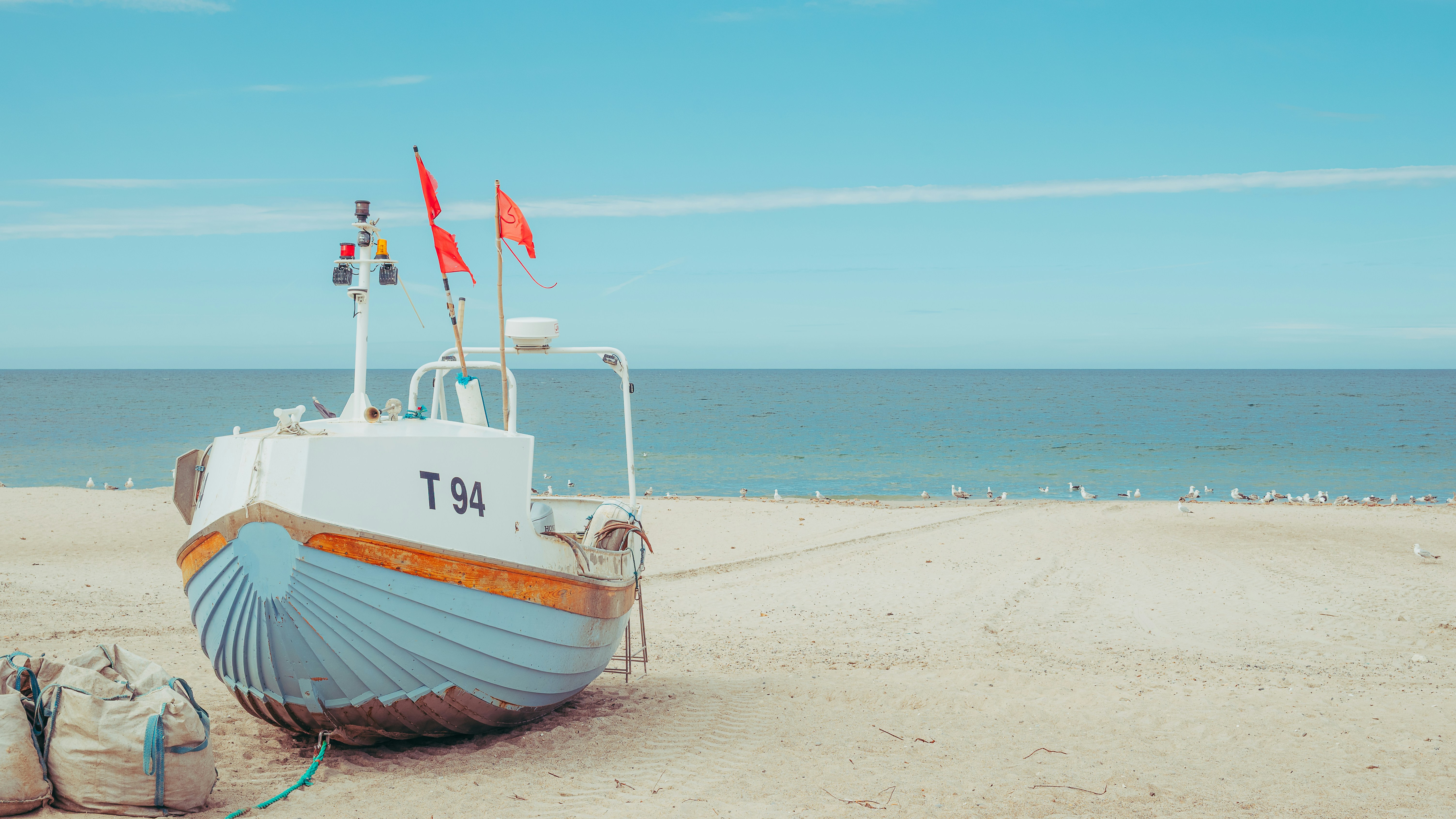 Low Tide Liner: A Joyful Boat Resting on a Quiet Beach