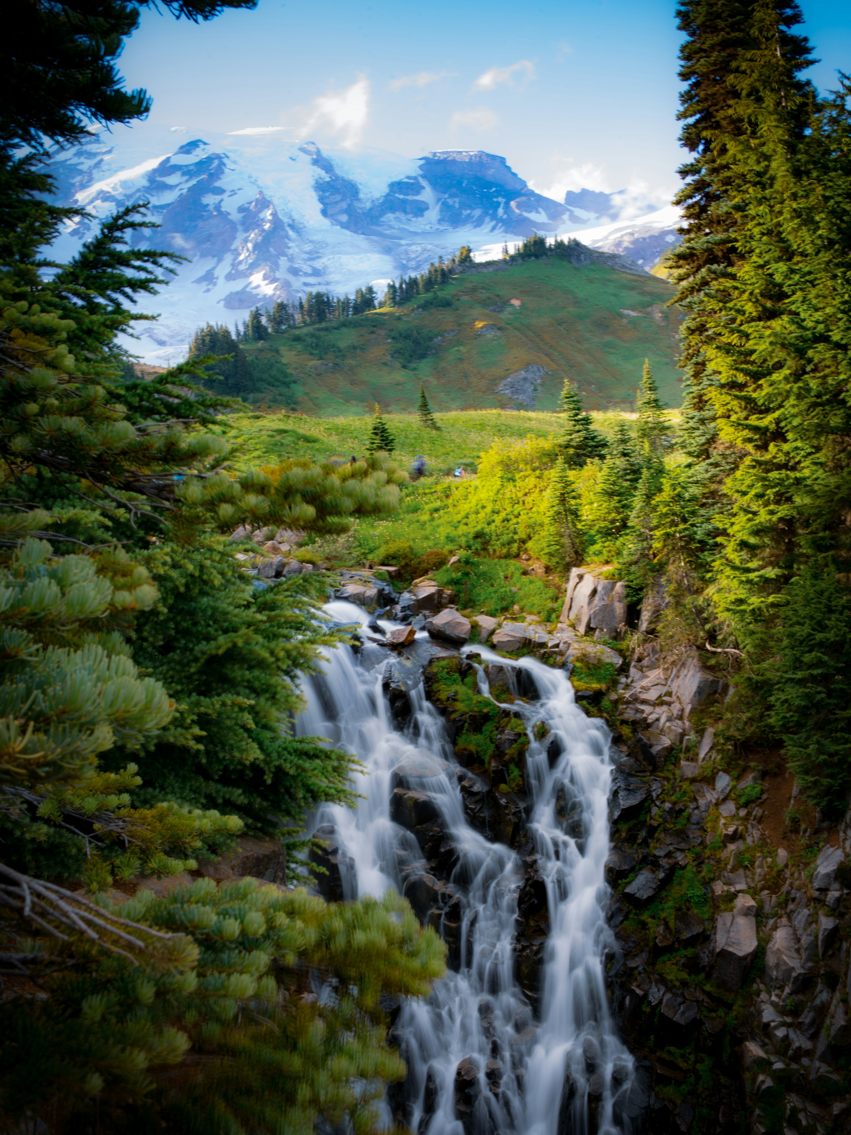 A alpine meadow with vibrant wildflowers and a multi-jet waterfall set against snow-capped peaks; a tranquil valley scene highlighting flowing water and pine forests.