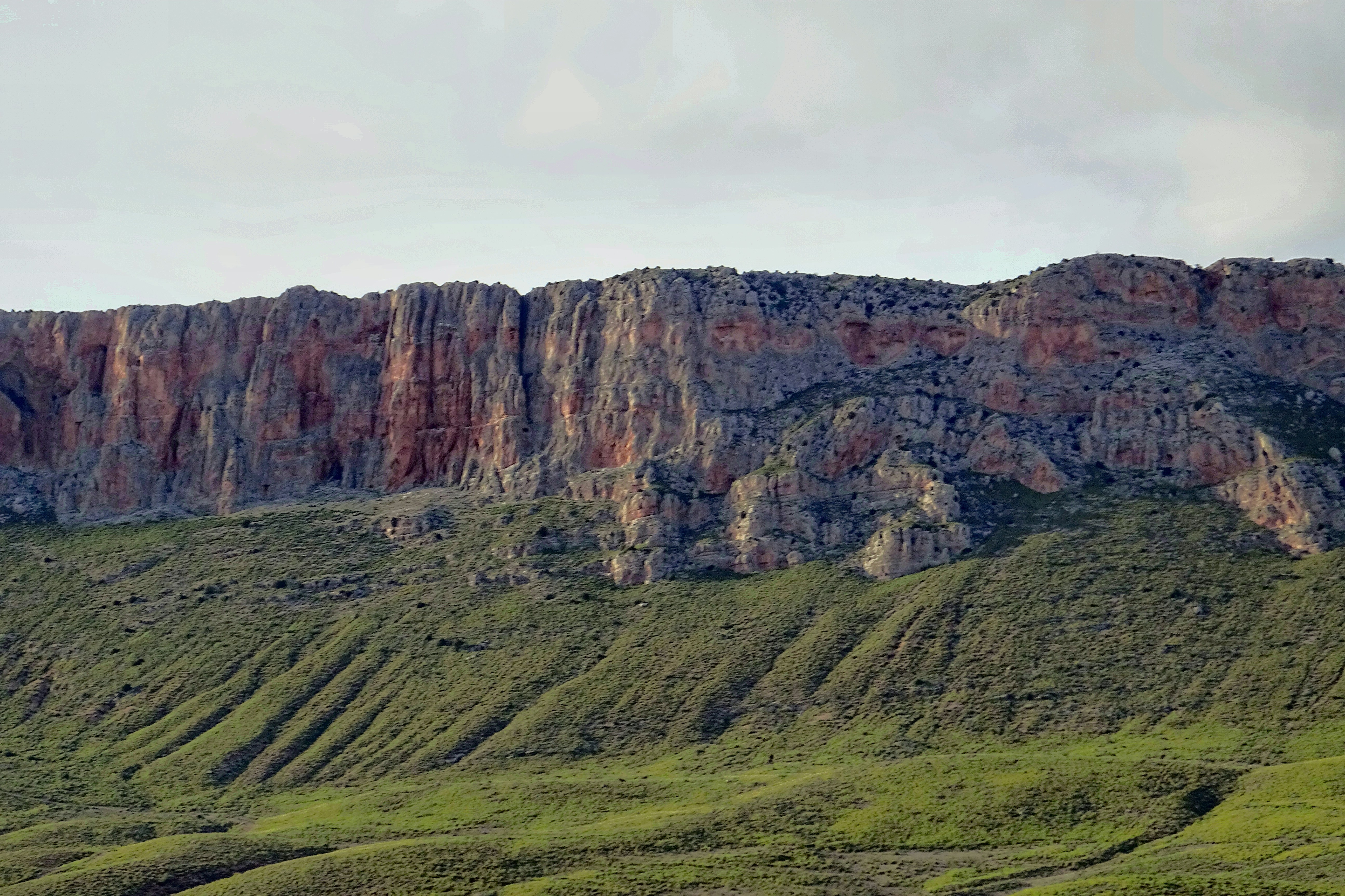 Rugged Mesa Horizon: Grass-Cilled Slopes Meet Cliff Veins