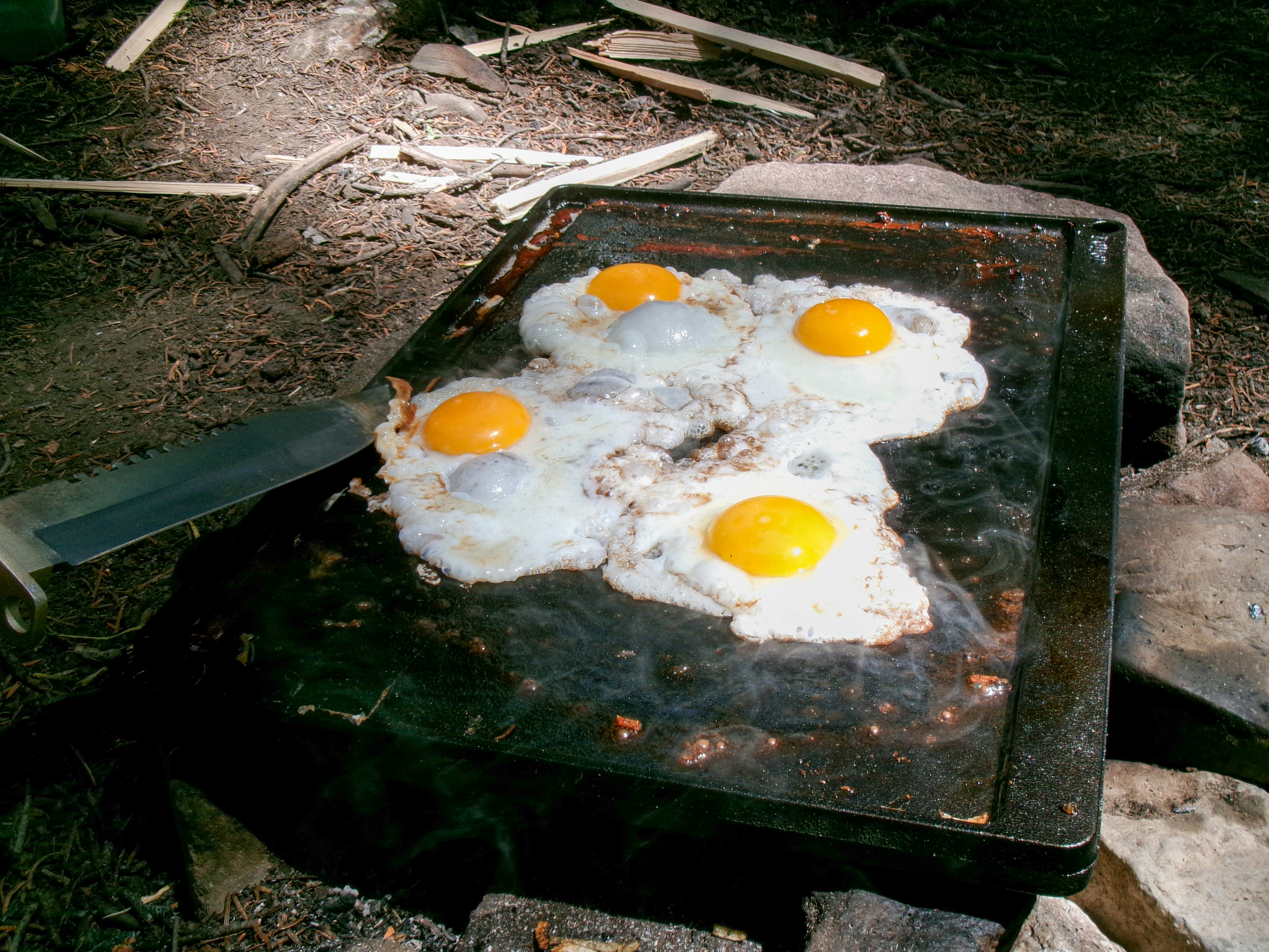 Campfire Breakfast on a Griddle: Four Sunny Eggs in a Makeshift Kitchen
