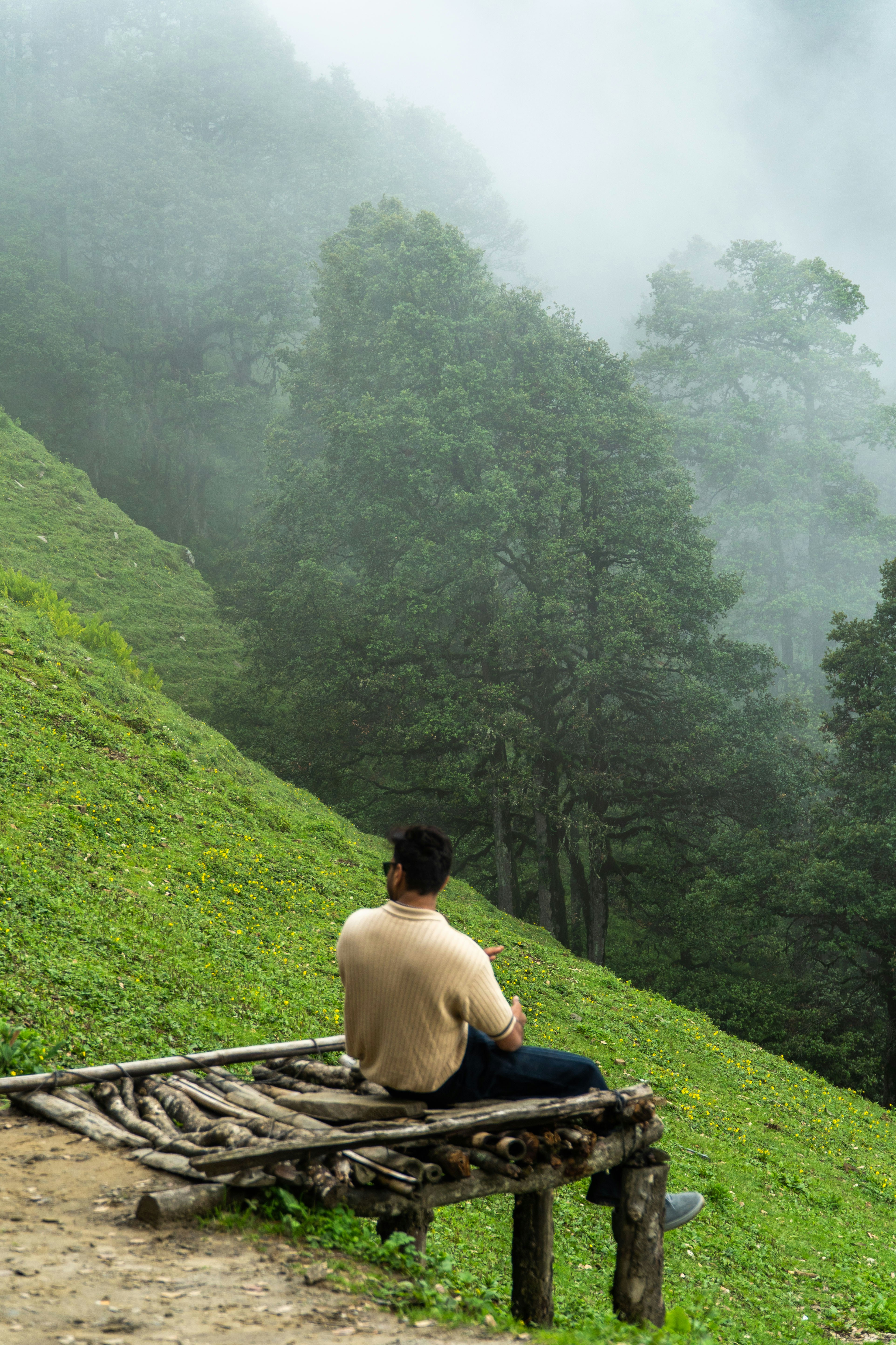 Solitary Pause on a Misty hillside bench