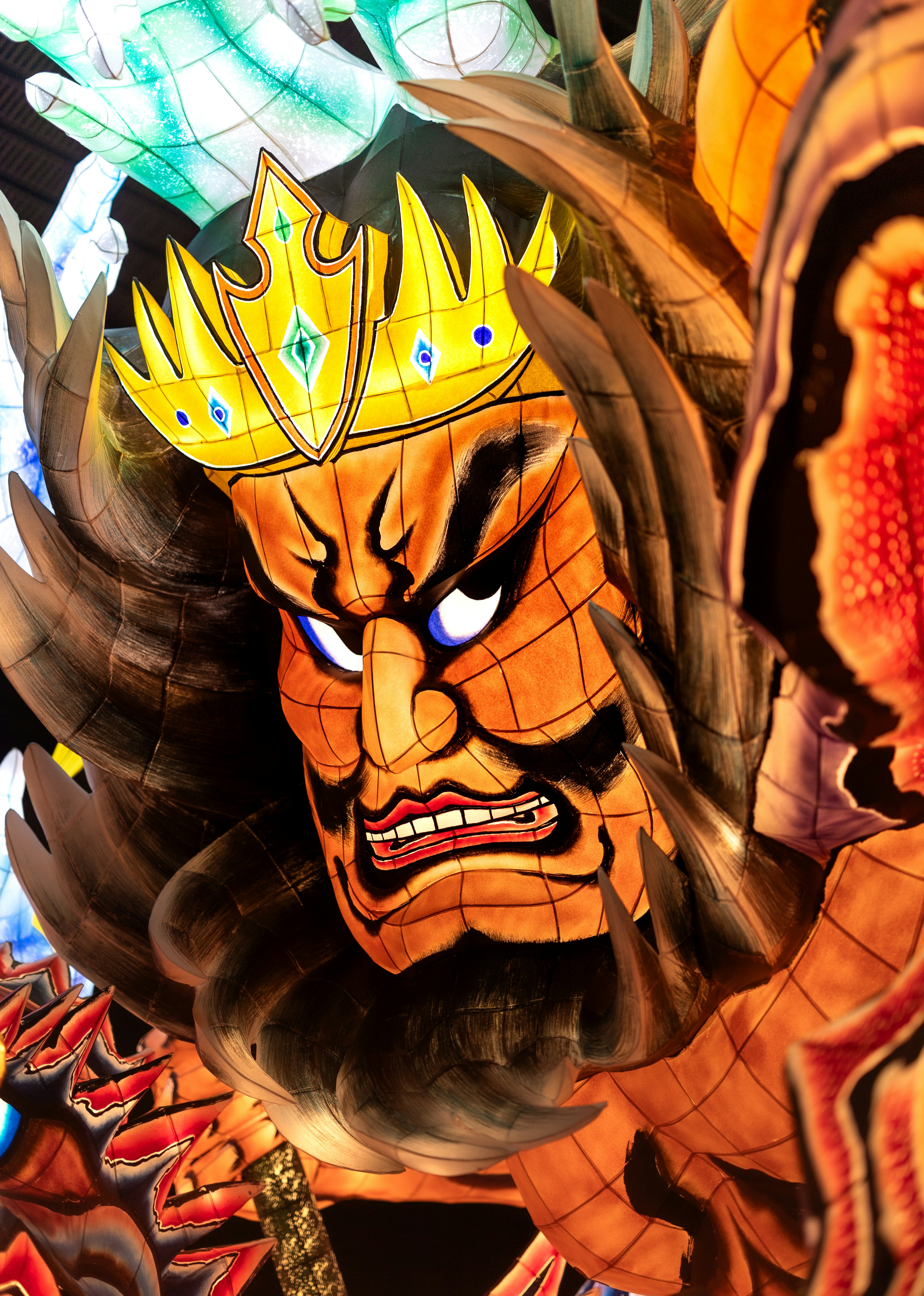 Crowned Fury: A Fiery Mask Beneath Dragon-formed Flames