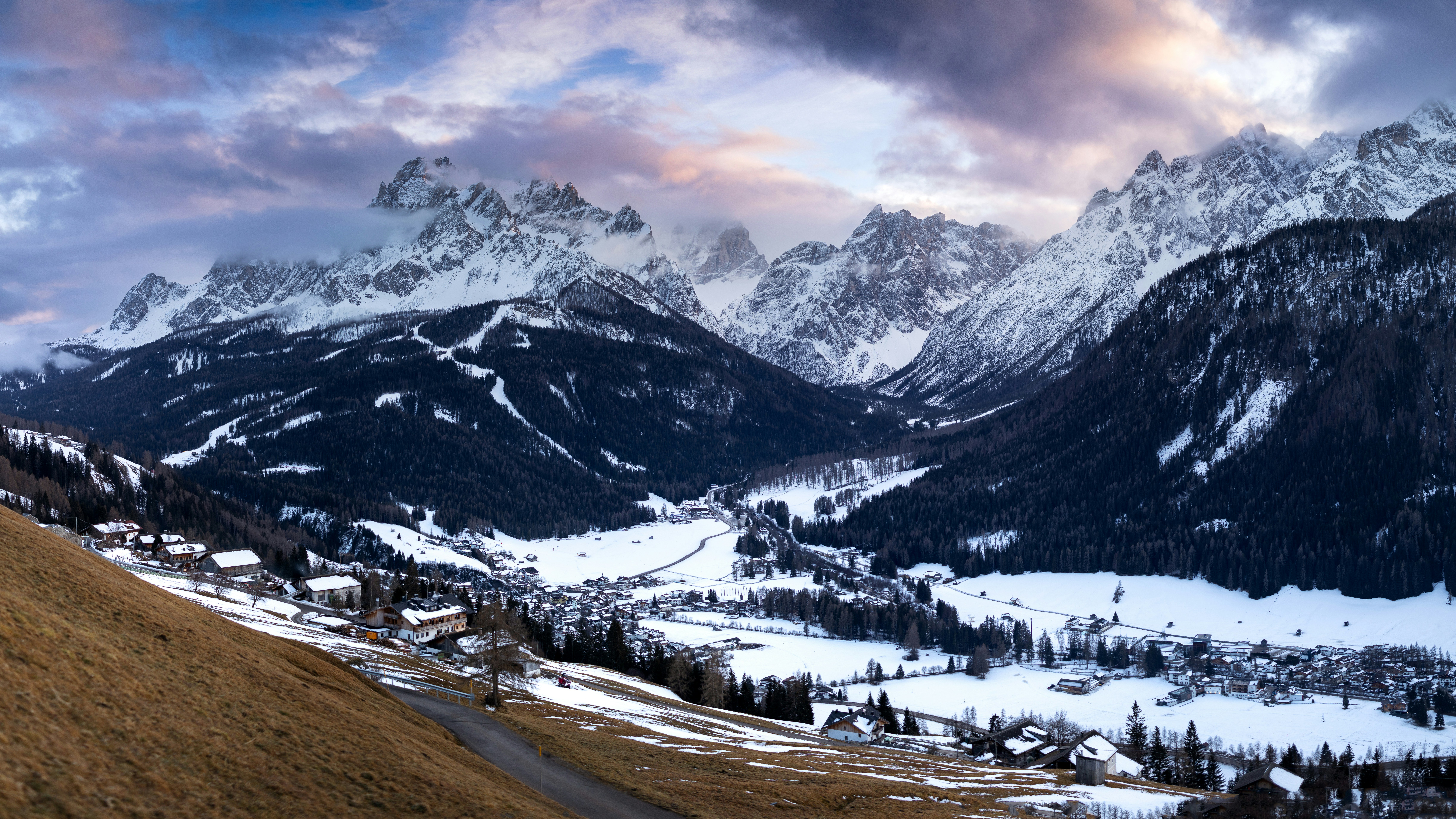 Snowbound Valley Panorama with Alpine Peaks