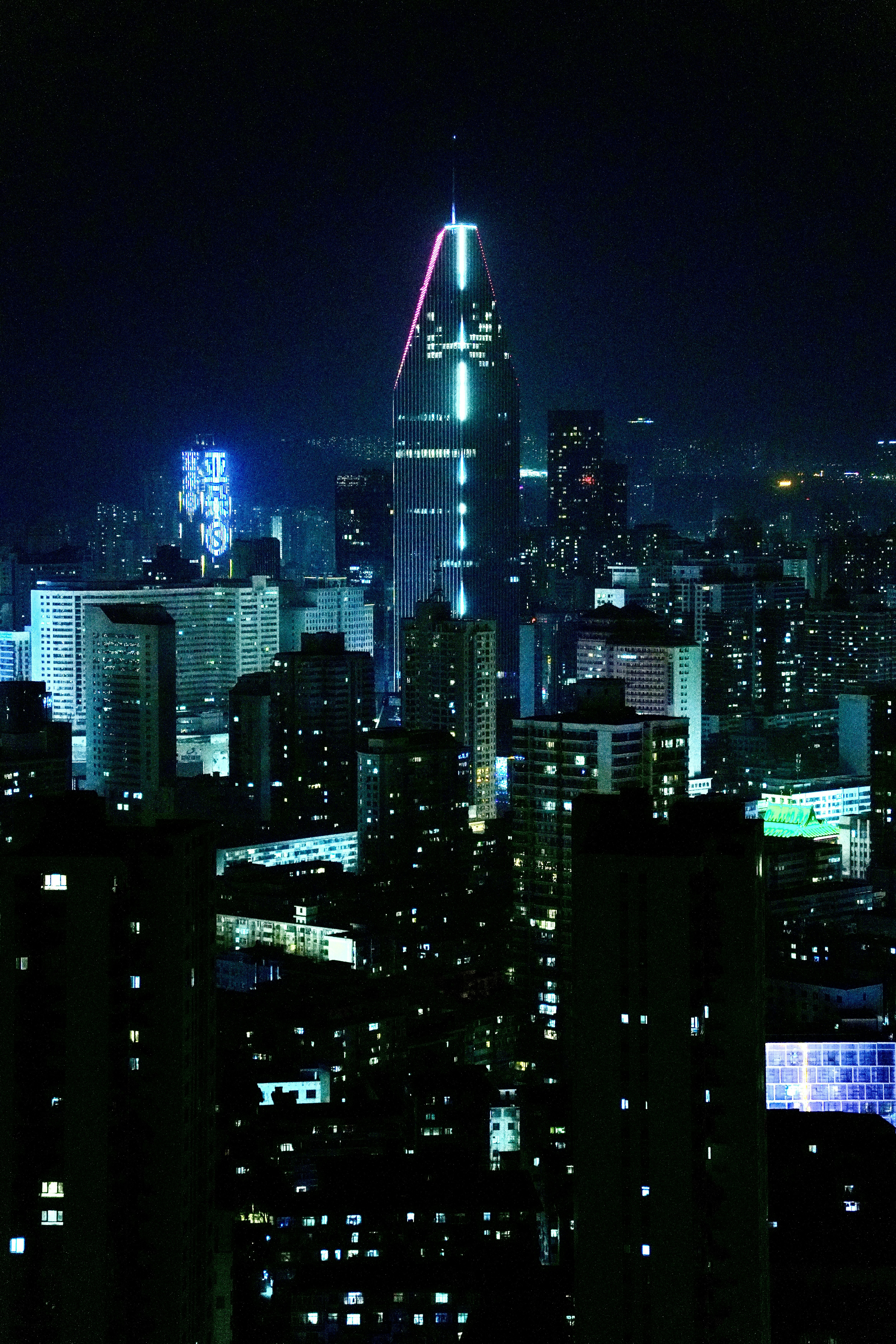 Neon Spine: A Skyline Tower Illuminates the Night
