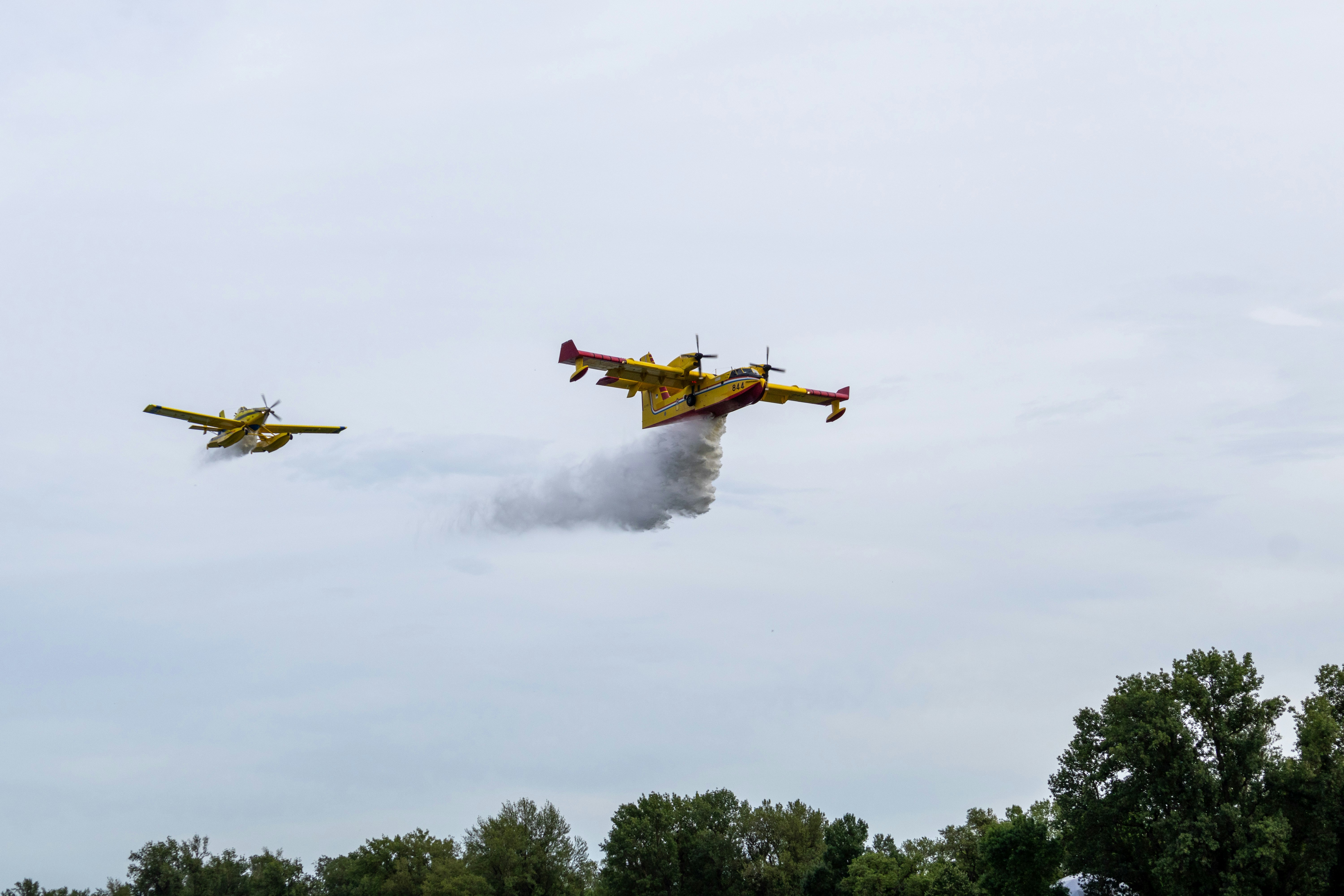 Two yellow crop-duster planes perform a low-altitude maneuver above a treeline during an airshow, leaving a trail of smoke behind the lead aircraft.