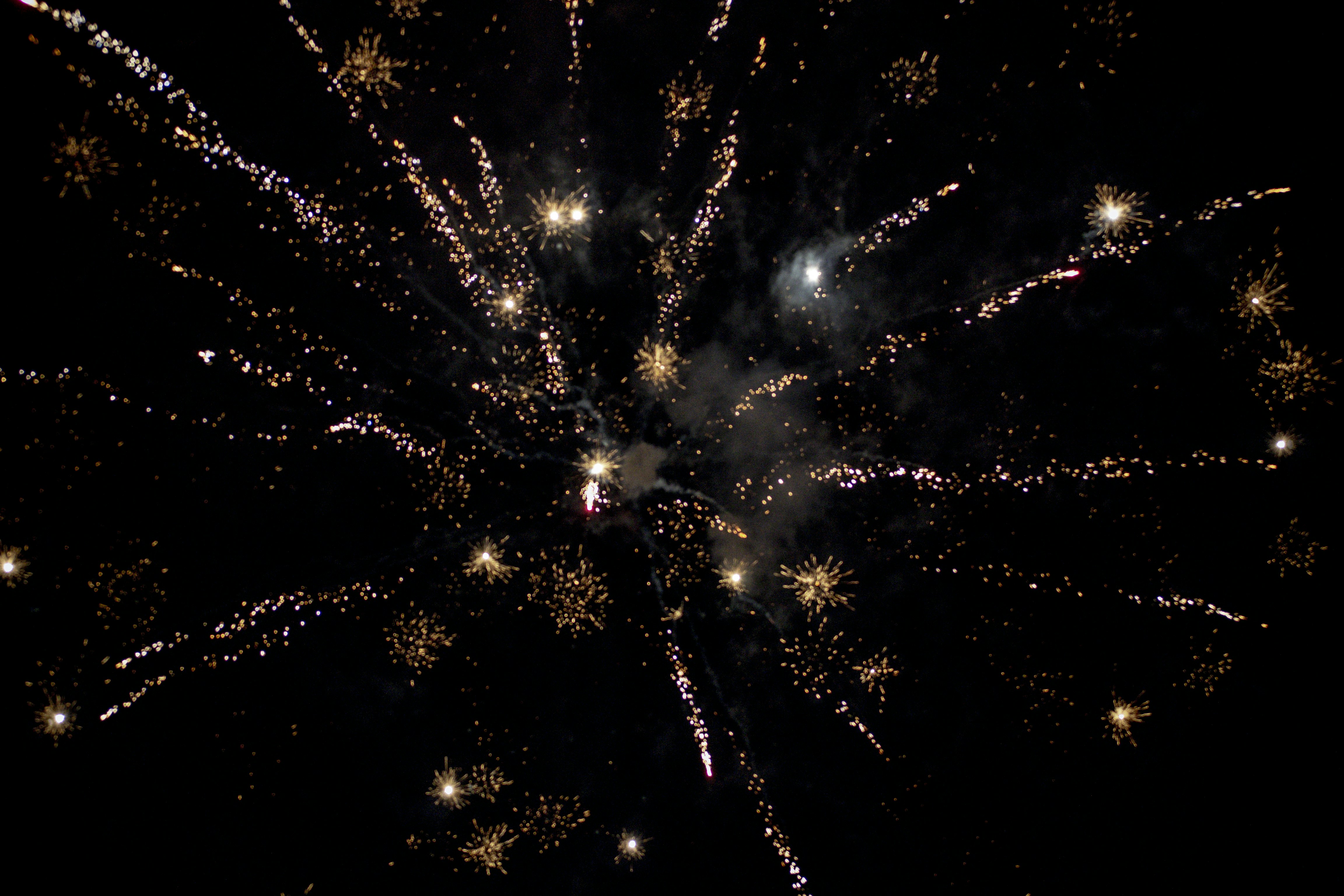 A nighttime sky is illuminated by a vibrant display of fireworks. The image captures the explosive beauty of pyrotechnics against the deep black canvas of the night. Numerous bursts of golden and white light radiate outwards, forming intricate patterns and trails across the frame.