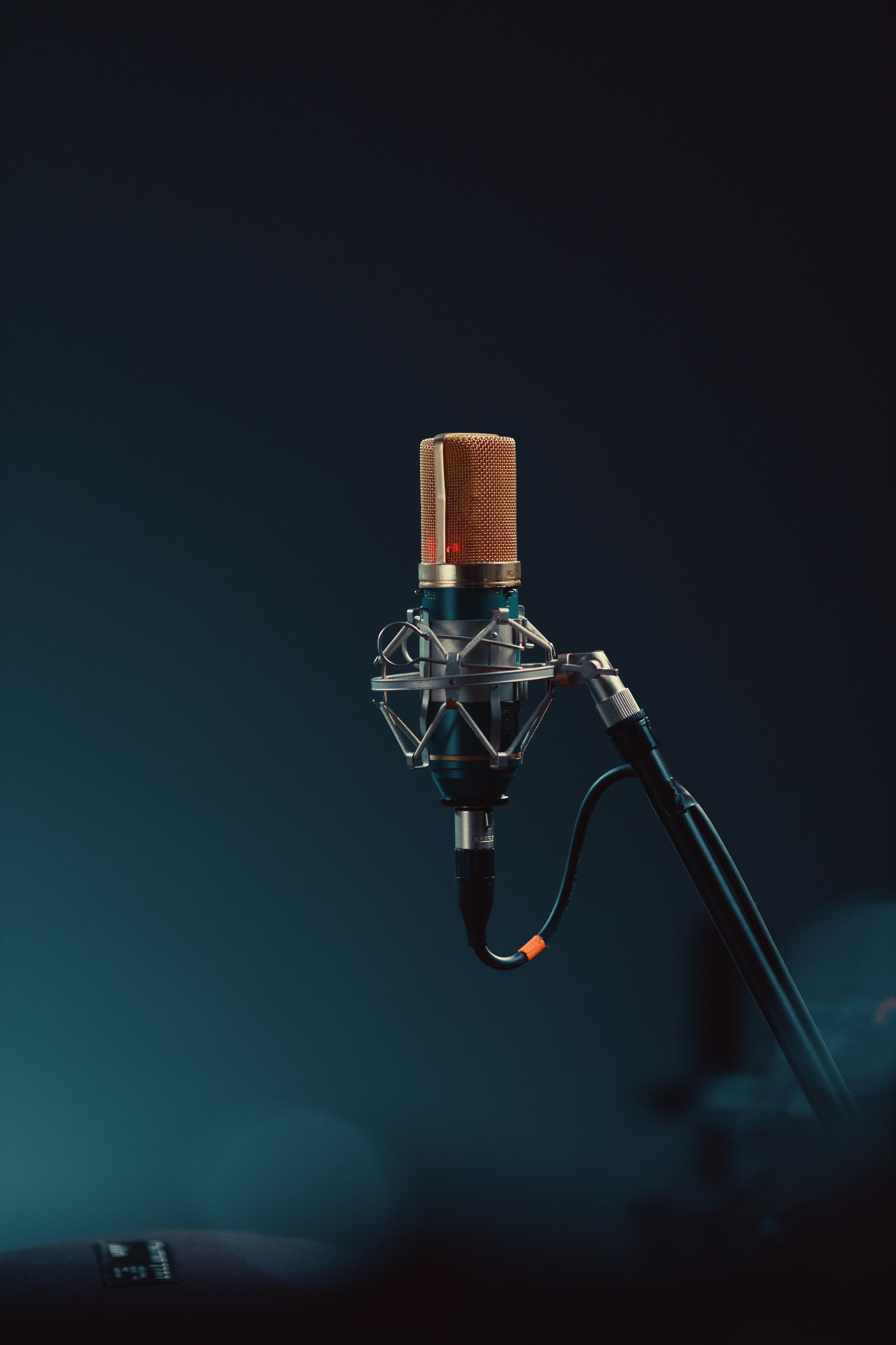 A Quiet Microphone Moment: Golden Capsule in a Velvet Studio