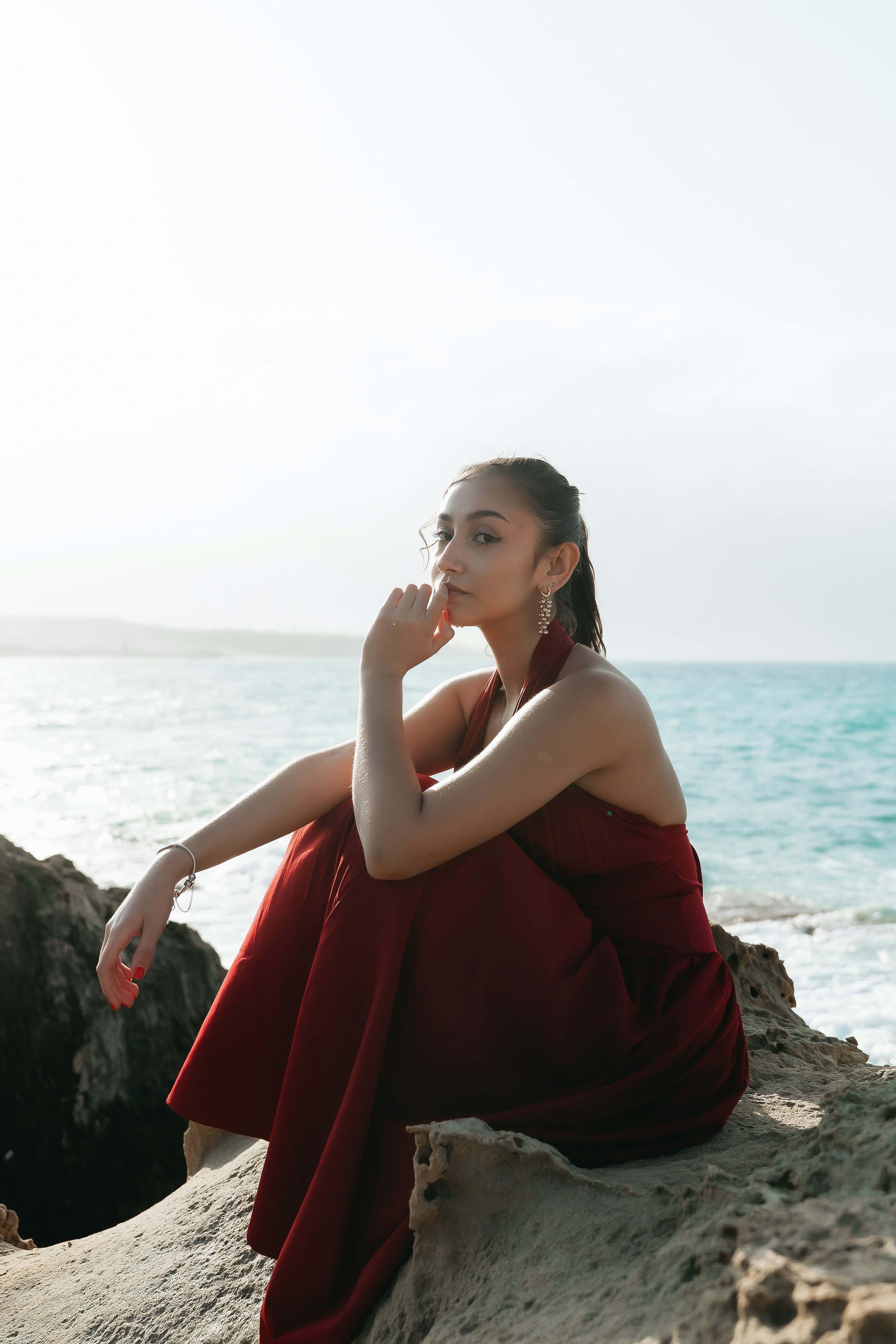 Red Velvet by the Sea: Portrait on Tide-bleached Rocks