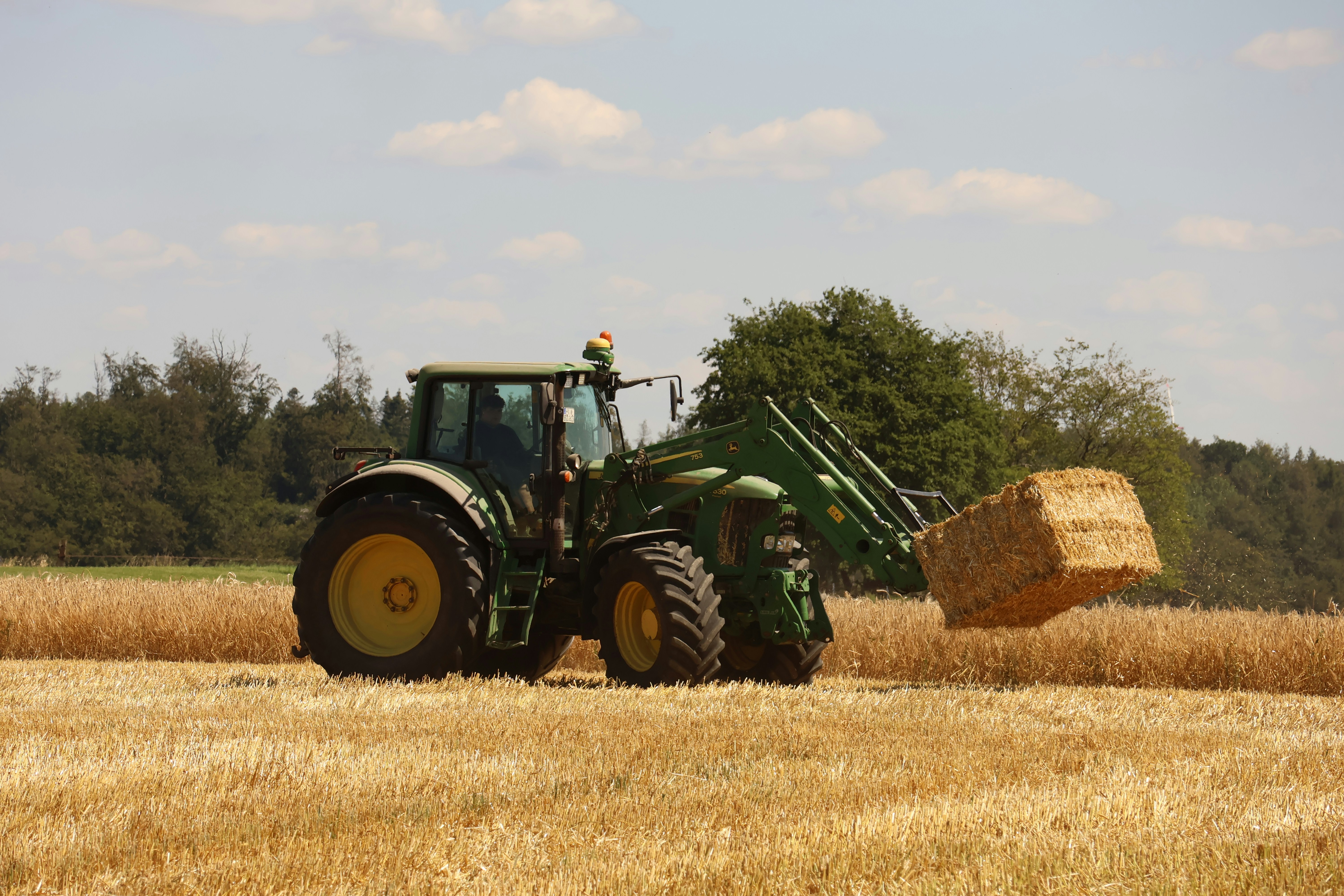 Green Tractor Lifts a Golden Harvest