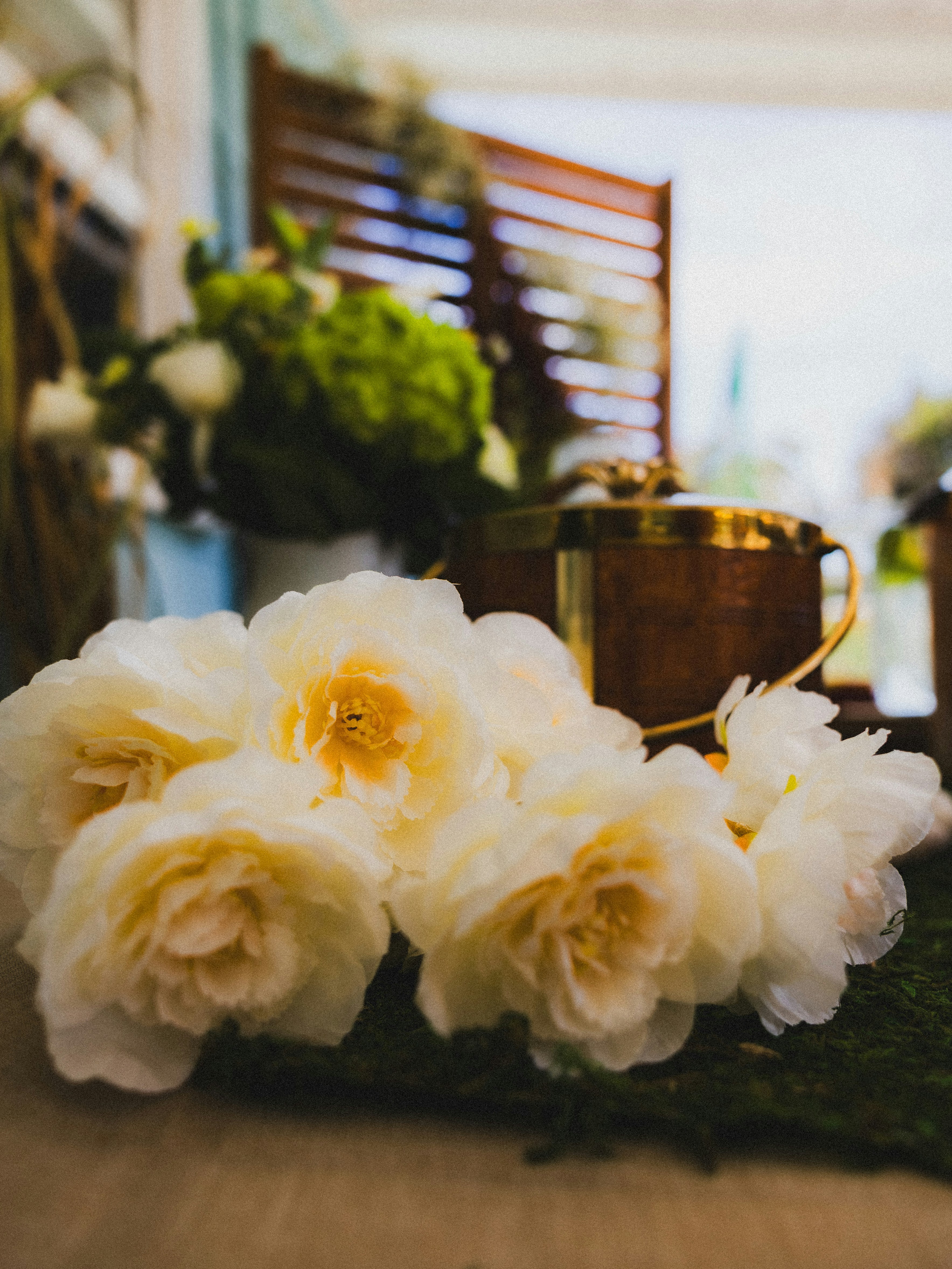 White Peonies and Copper Vessel: Still Life on a Sunlit Table