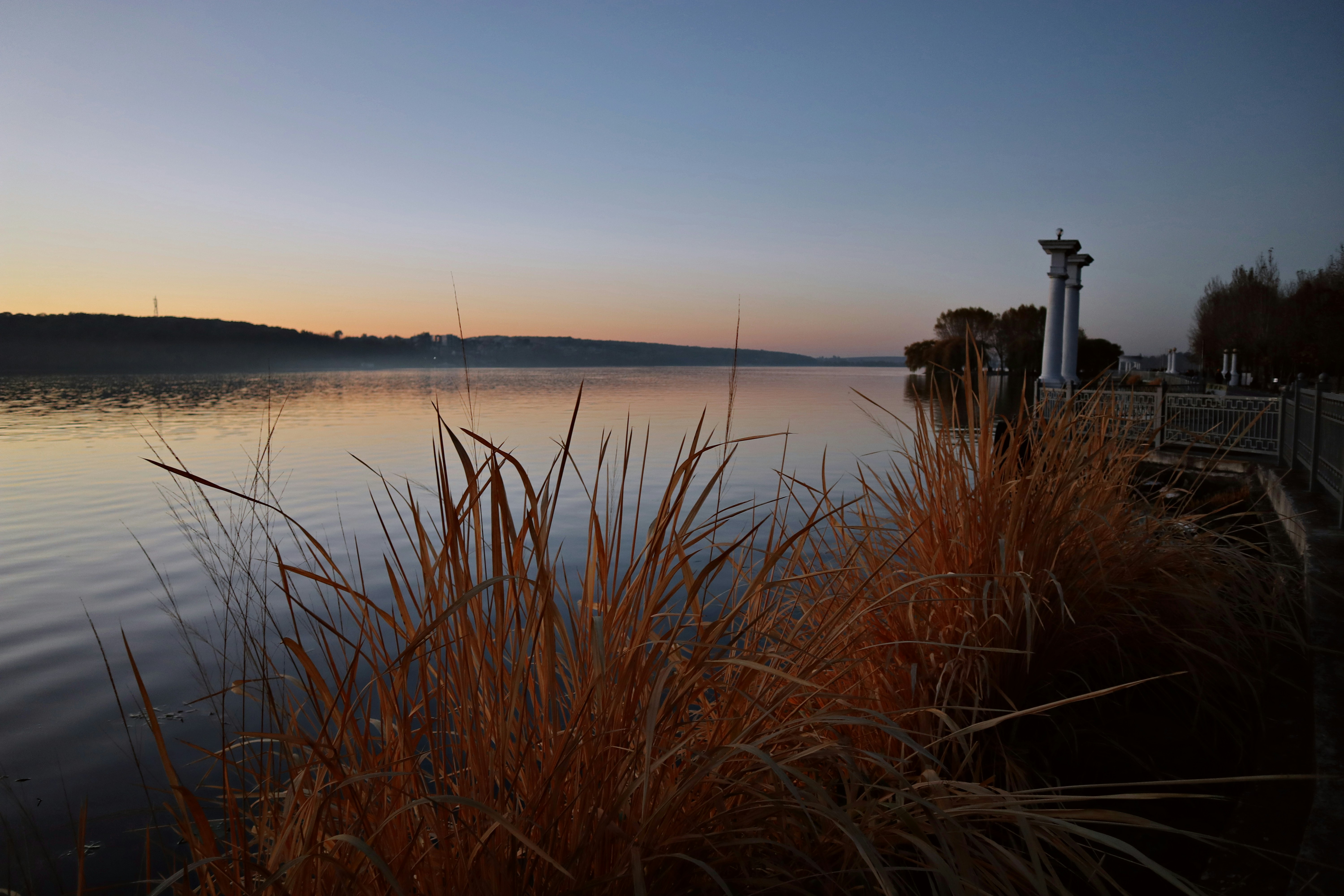 Dusk by the Docks: Reeds Framing a Quiet Lake Edge