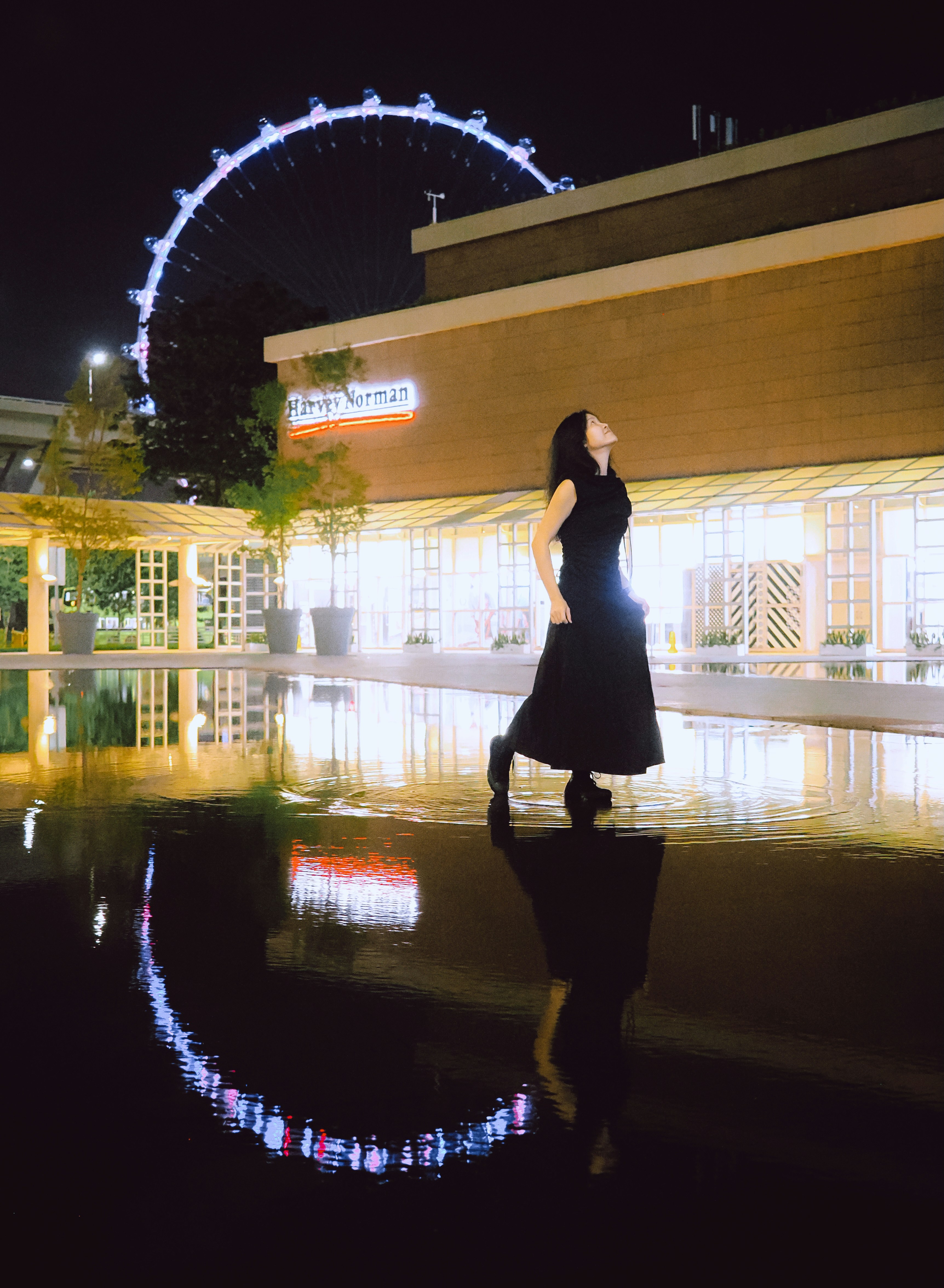 Nighttime silhouette: a dancer steps beside a glowing cafe under a lit ferris wheel