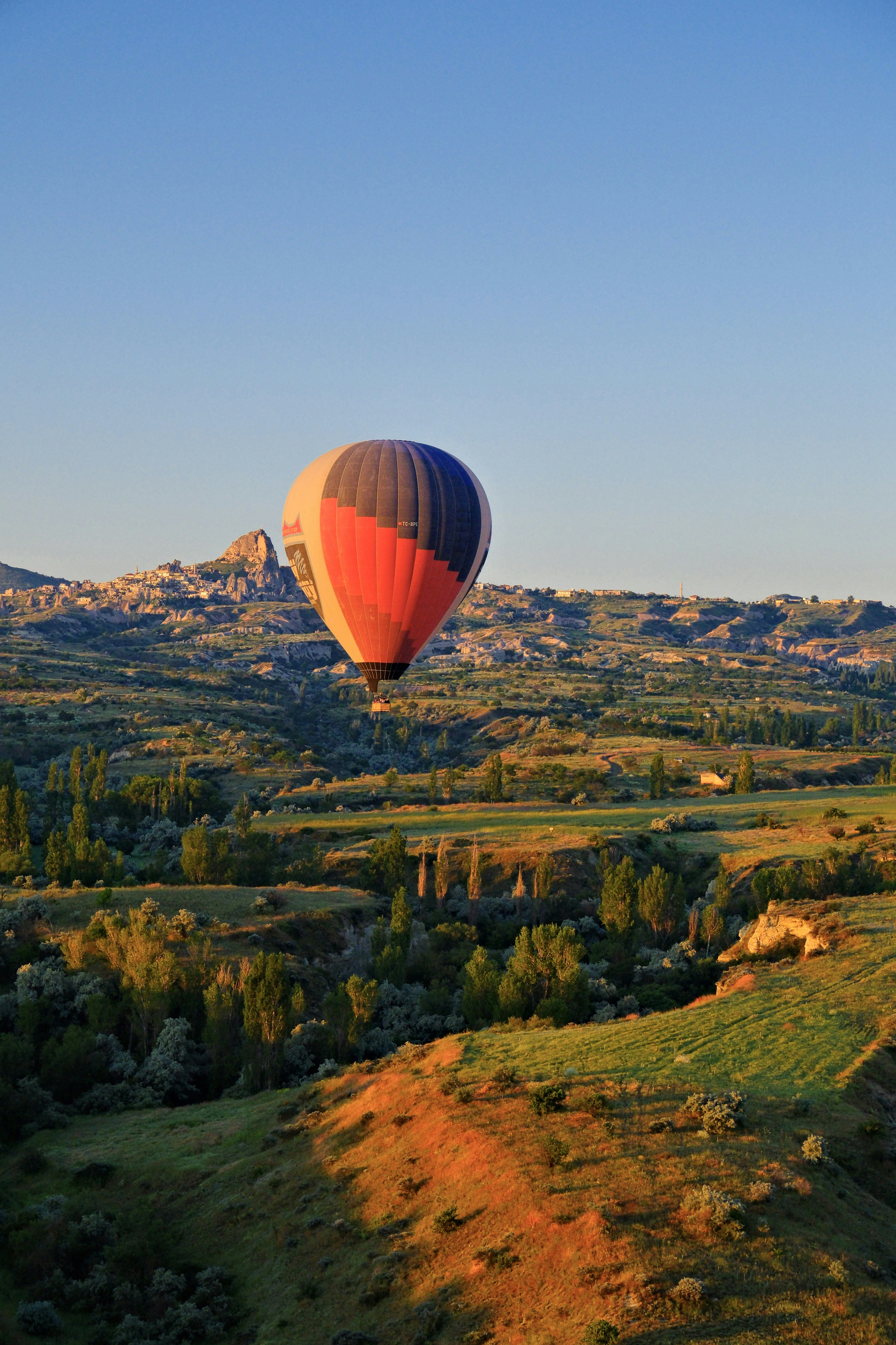 Vibrant hot-air balloon drifts above a sunlit valley with rolling hills and sparse trees; warm light emphasizes the landscape’s textures.