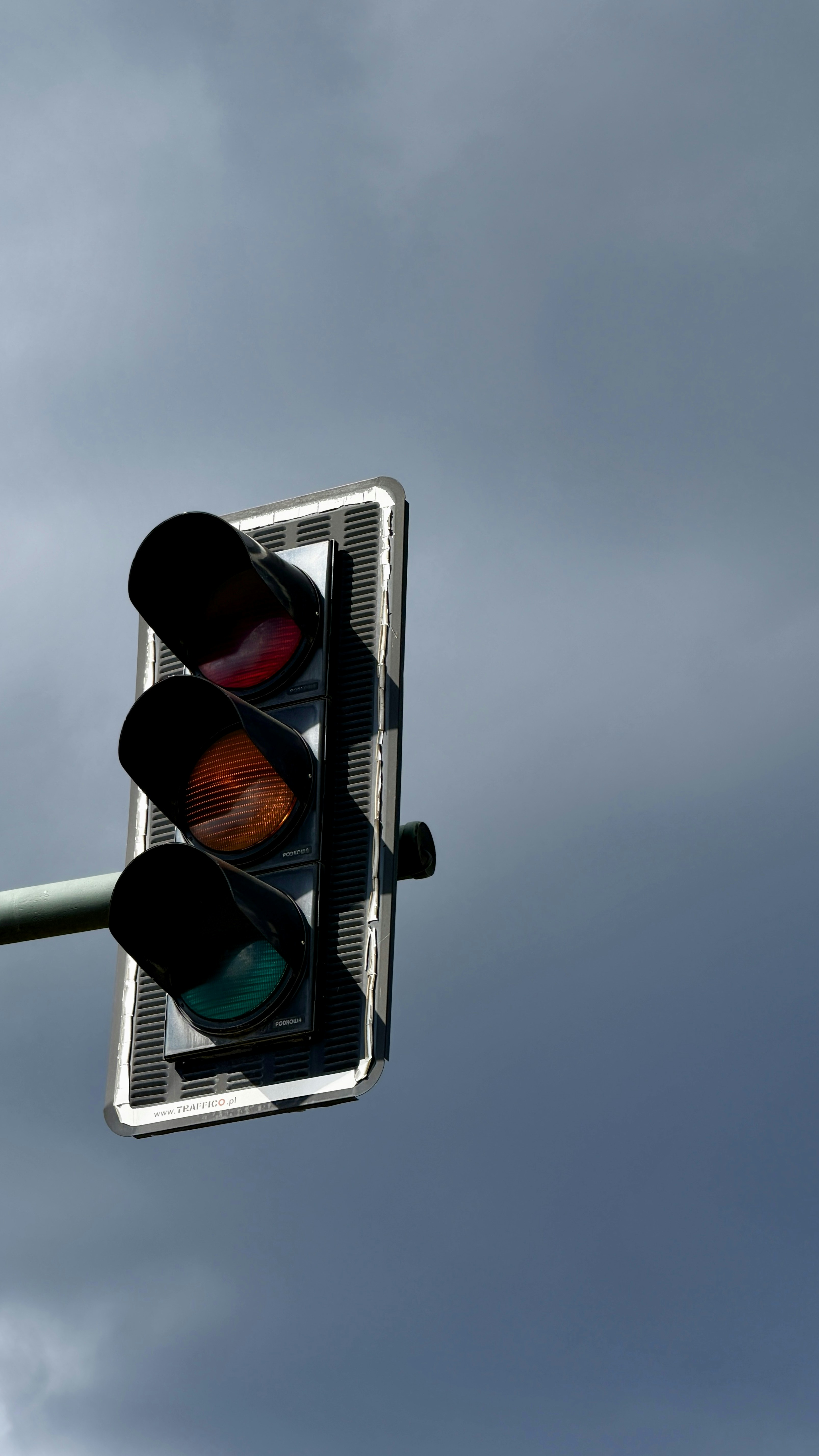 A traffic light tilts diagonally in the frame with a moody, overcast sky serving as the backdrop.