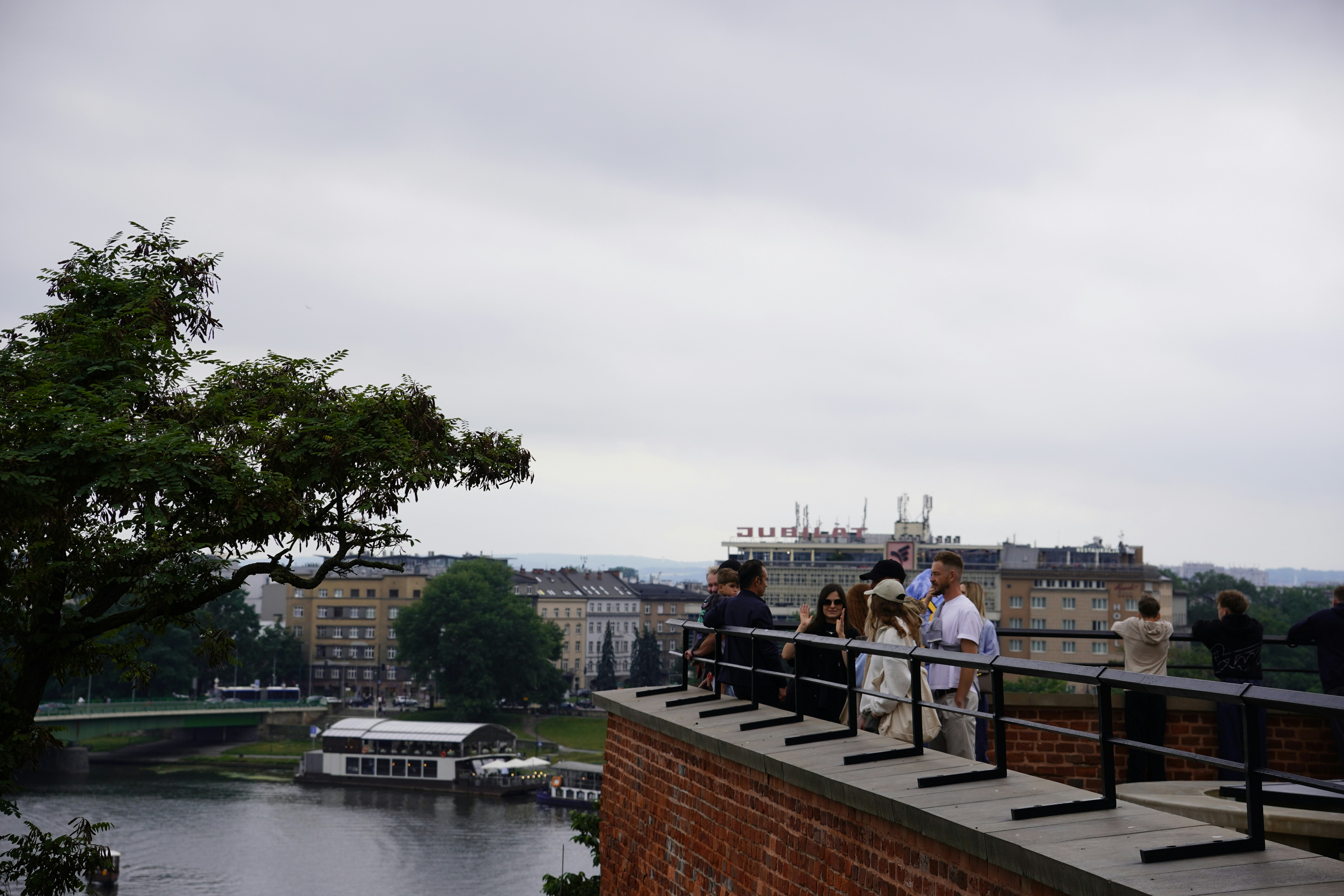 Rooftop overlook: a riverside gathering against a city skyline