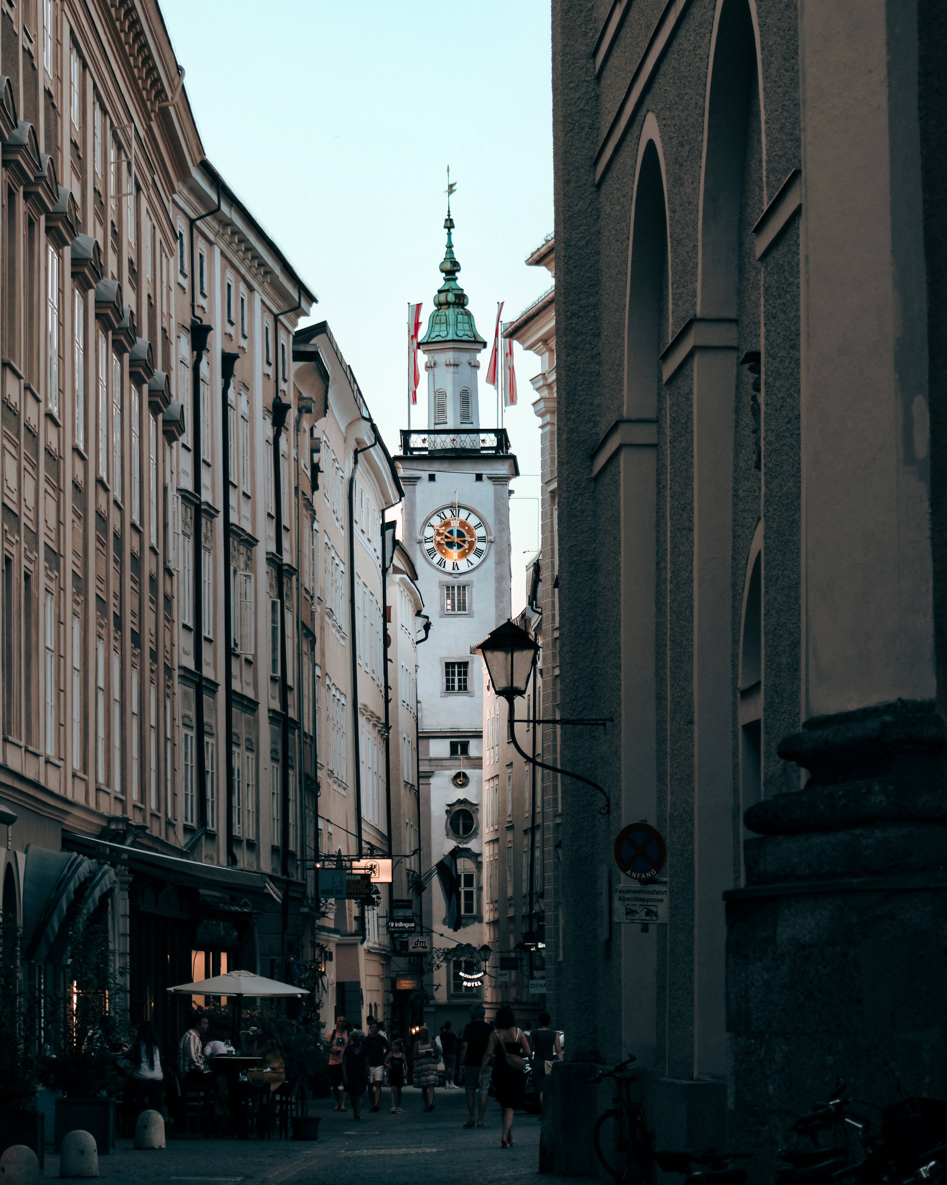 Towered Clock in a Narrow European Street