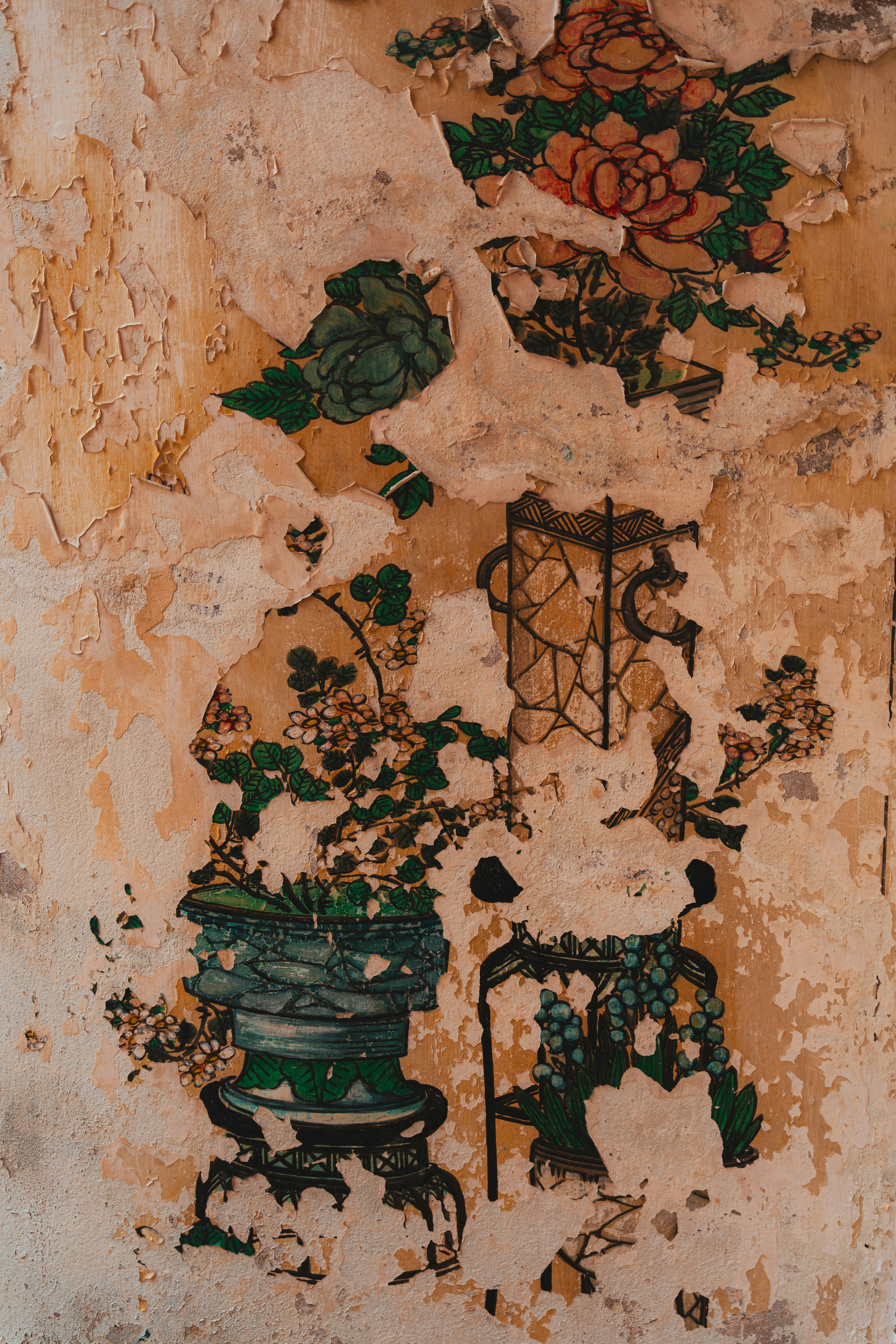 Floral Fresco Beneath Cracked Plaster