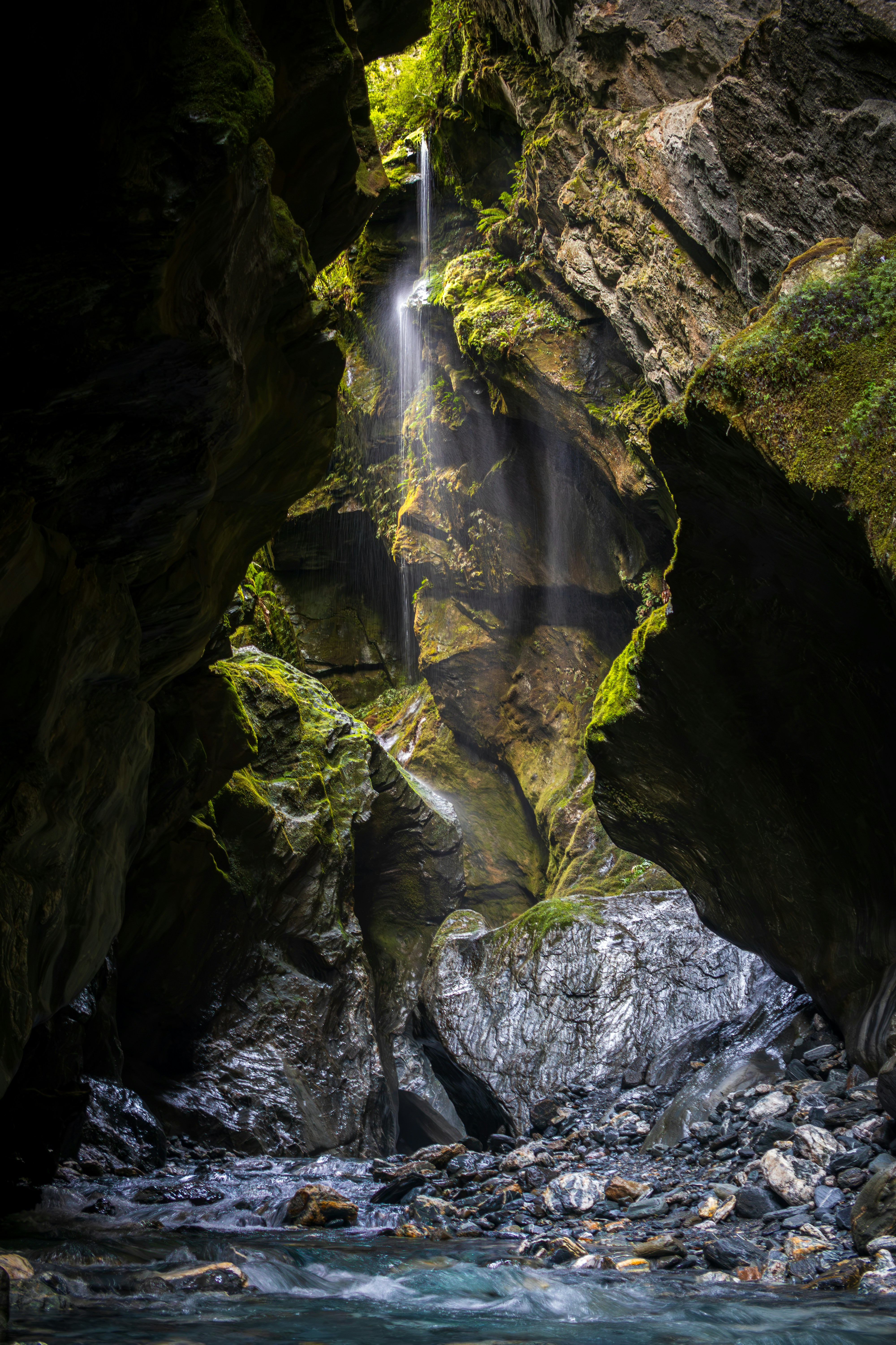Silent Column of Moss and Water in a Narrow Gorge