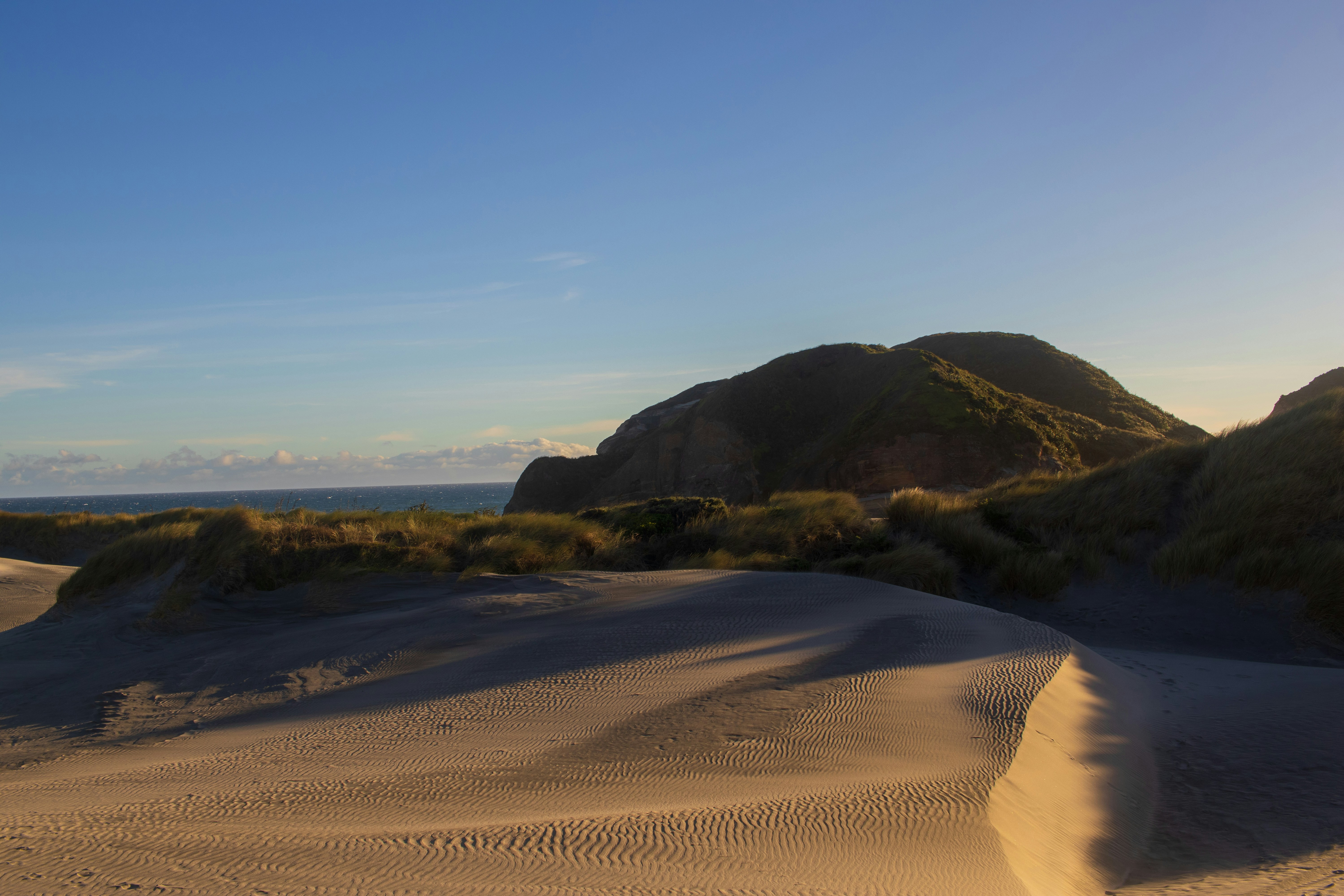 Sunlit Dune Footprints: A Coastal Ridge Beneath Quiet Horizons