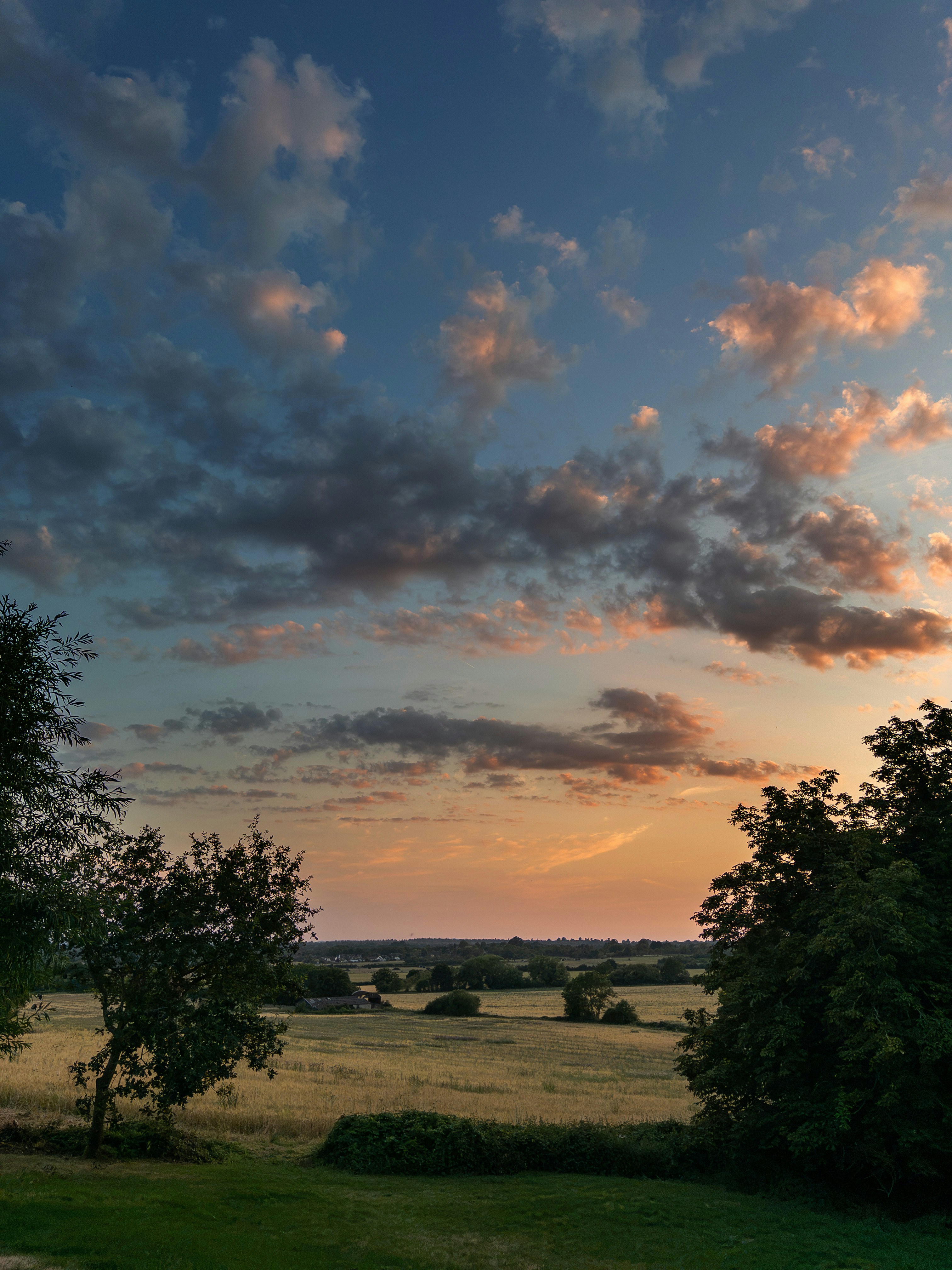 Sunset Over Quiet Fields Framed by Trees