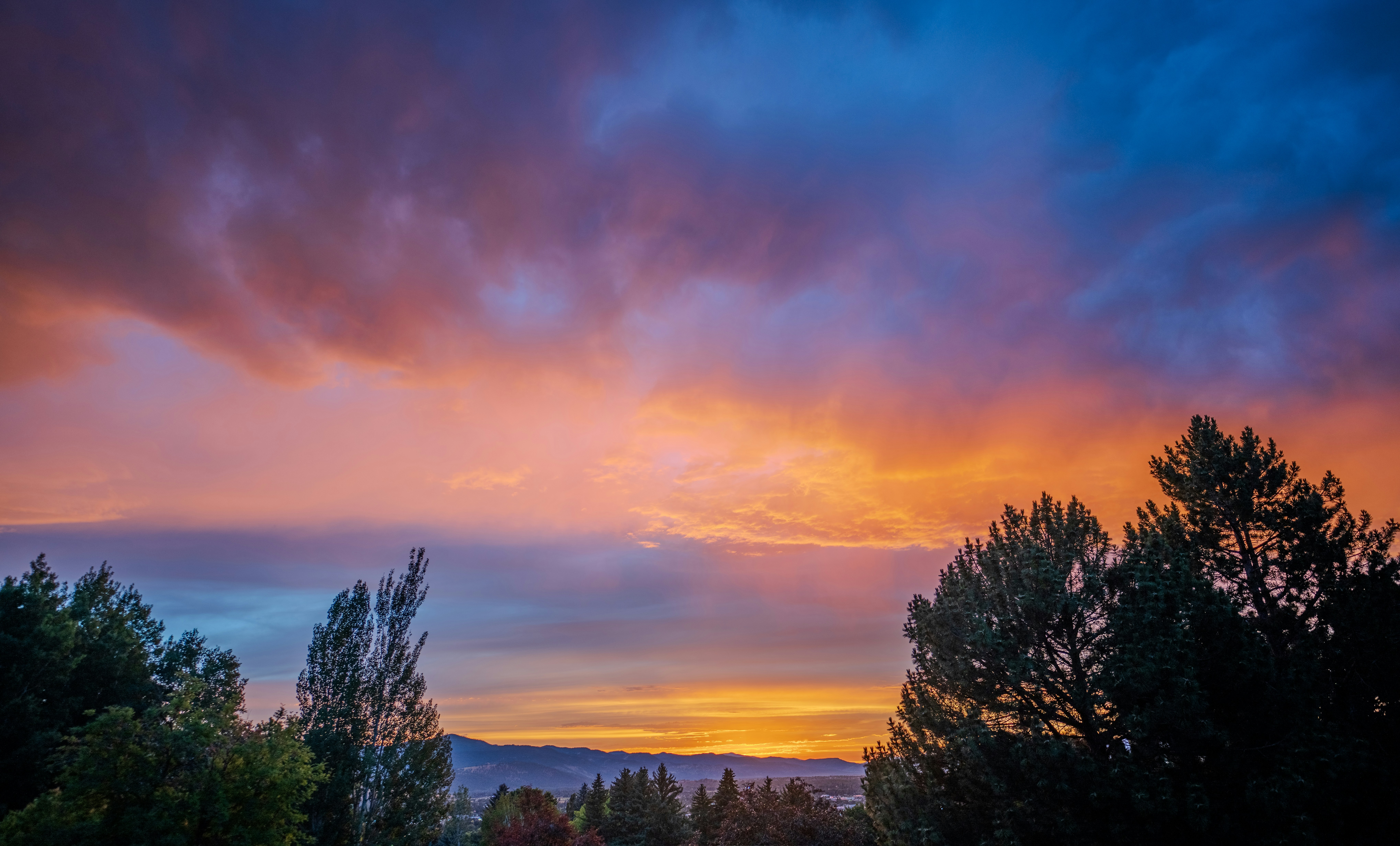 Vibrant sunset hue spills over a treeline, casting warm tones across the sky with a distant valley visible beyond. A calm landscape scene featuring silhouettes of trees against a colorful horizon.