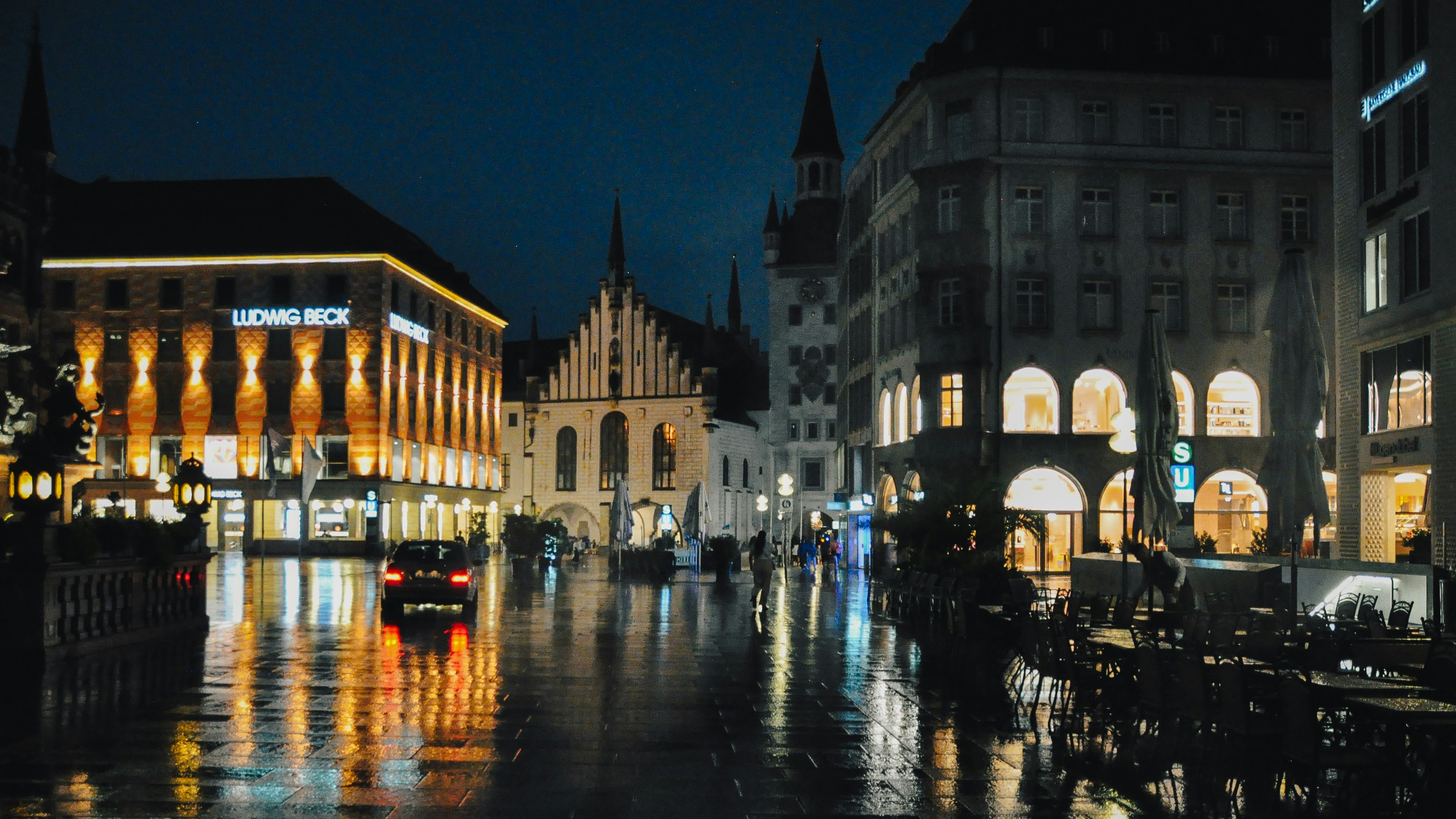 Moonlit Amsterdam-like Plaza: Reflections on a Damp Night
